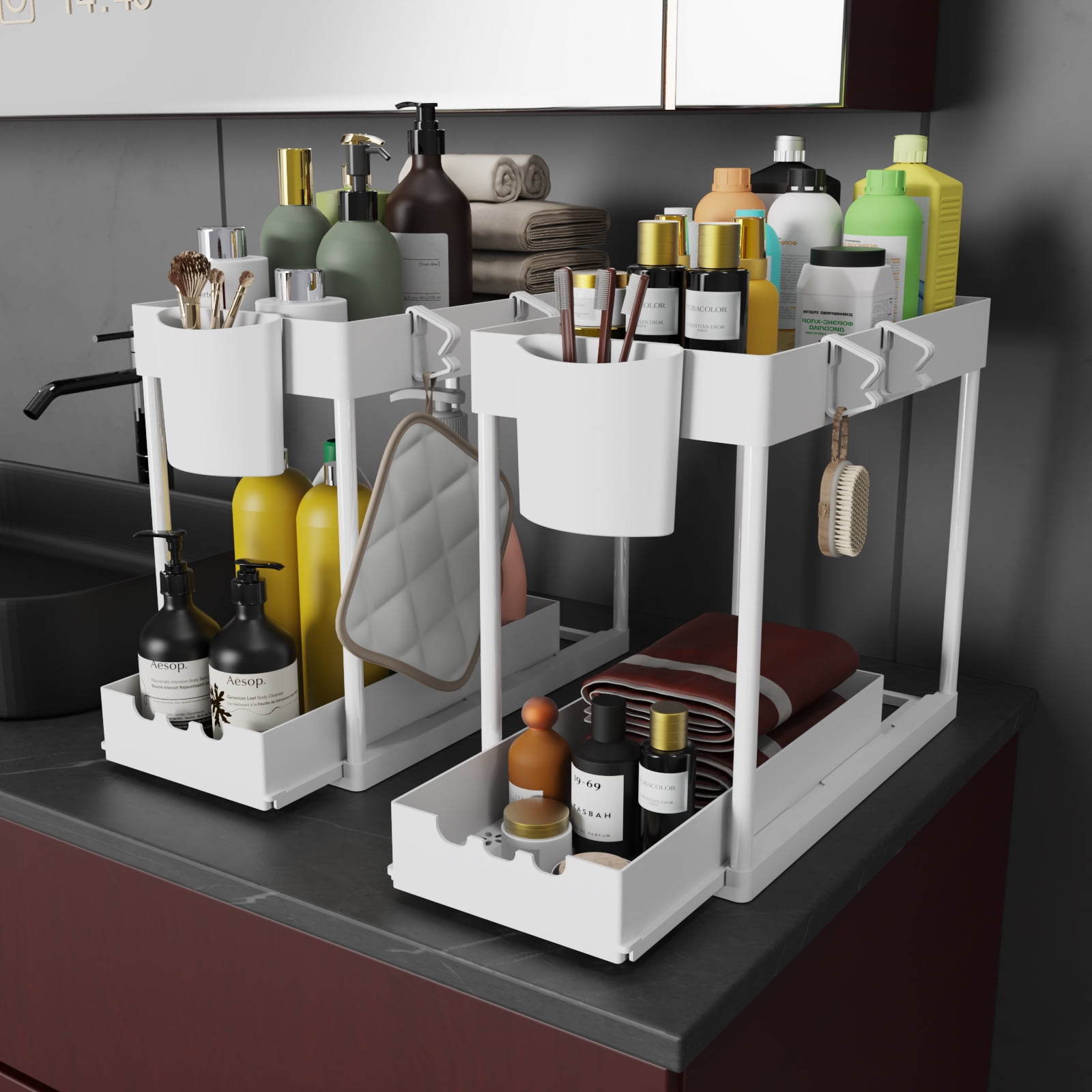 2Pcs 2-Tier Sliding Cabinet Organizer, Pull-Out Under Sink Rack, Double ...
