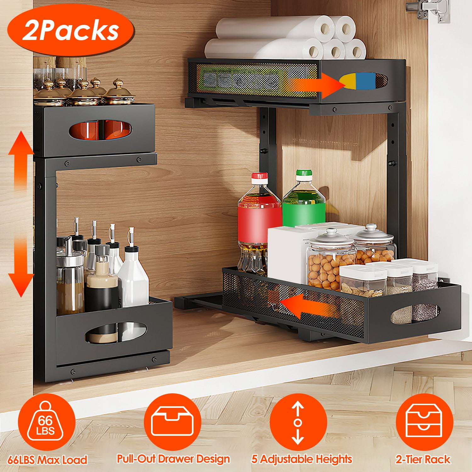 2Pcs 2 Tier Sliding Under Sink Storage Drawers Rack Pull Out Cabinet ...
