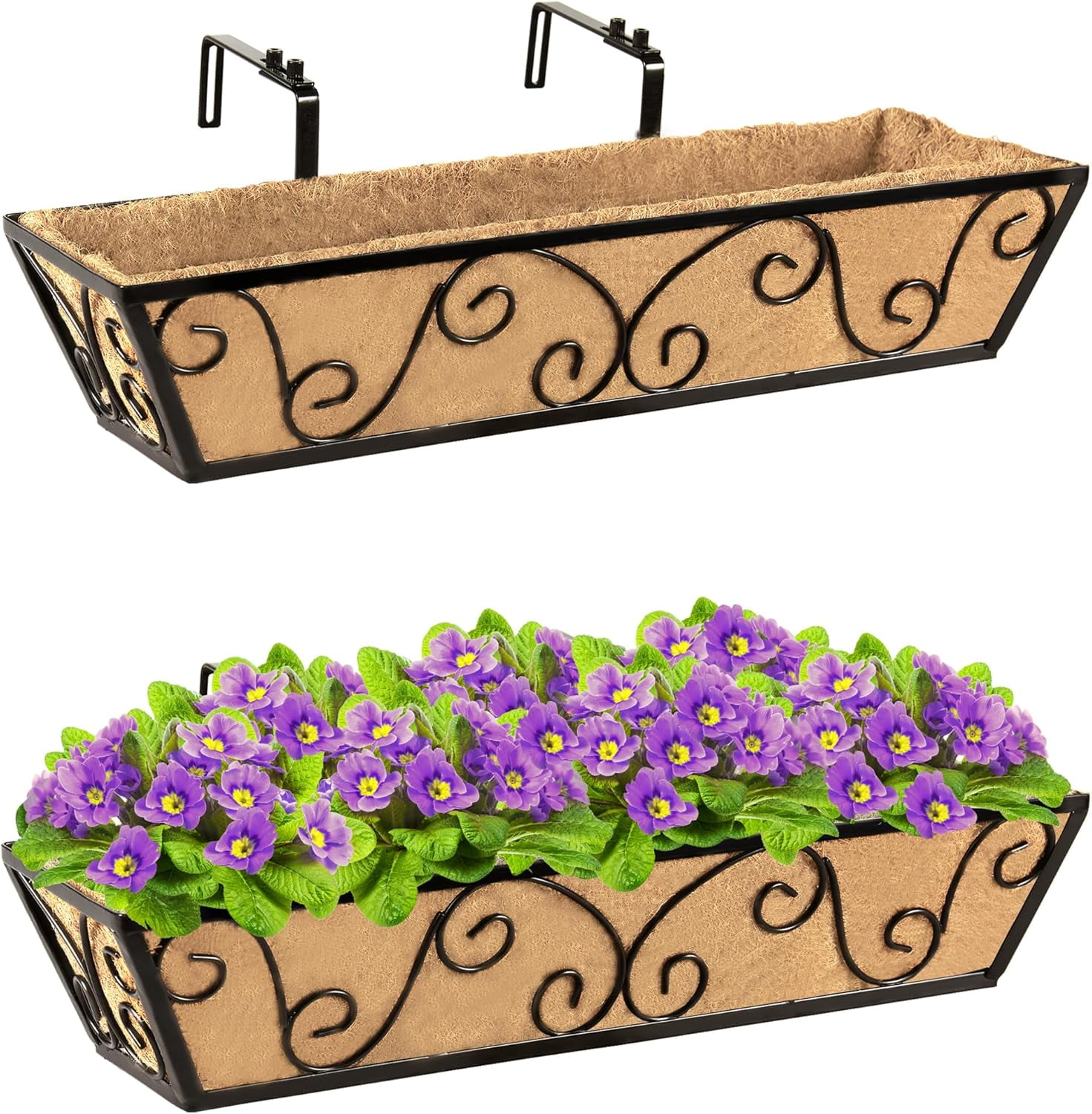 2Pcs 24 Inch Large Window Box Railing Planter with Coco Liner, Outdoor Window Flower Boxes Over ...