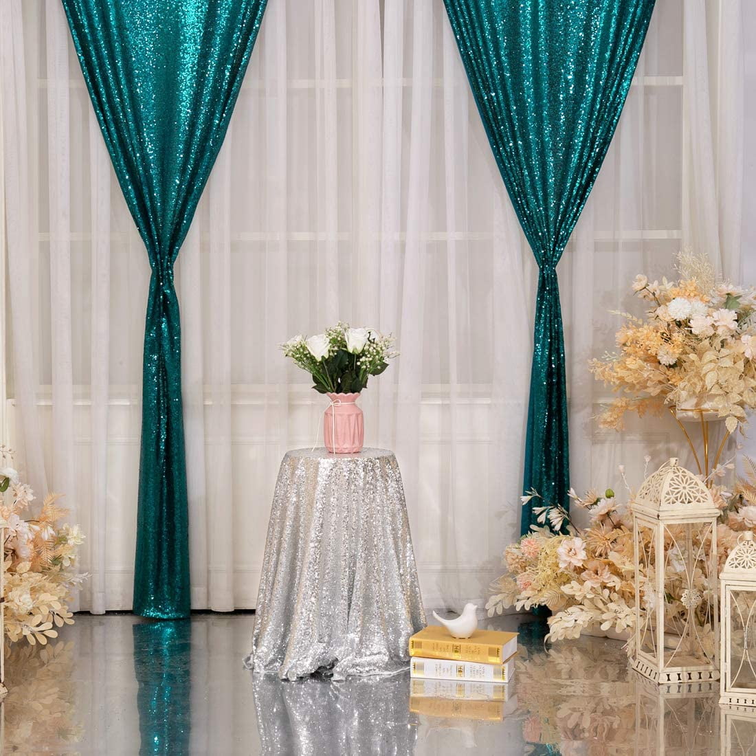 2Pcs 2Ft x 8Ft Teal Sequin Backdrop Curtain, Glitter Photography ...