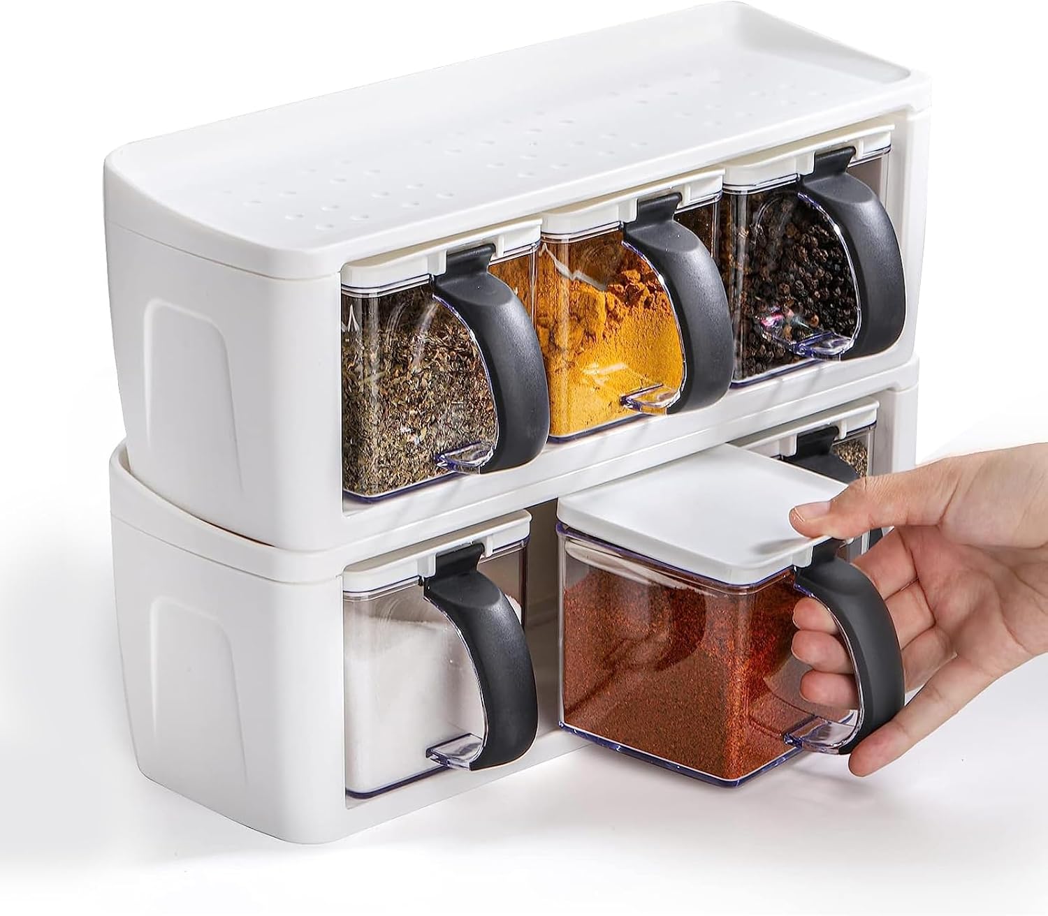 2Pcs 3-Grid White Plastic Spice Rack with Spoons, Stackable Seasoning ...