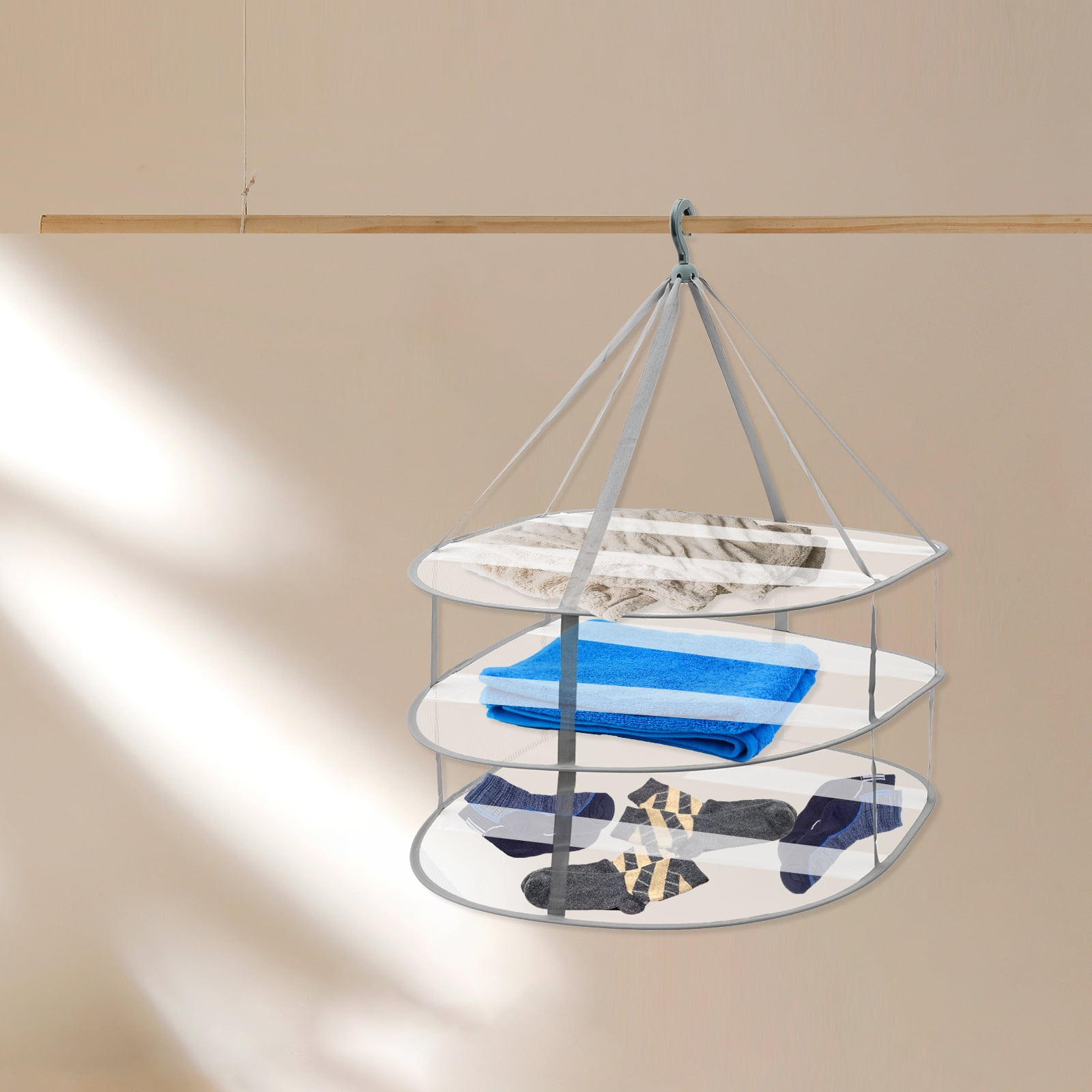 2Pcs 3 Tier Foldable Mesh Hanging Clothes Drying Rack 360° Rotation ...