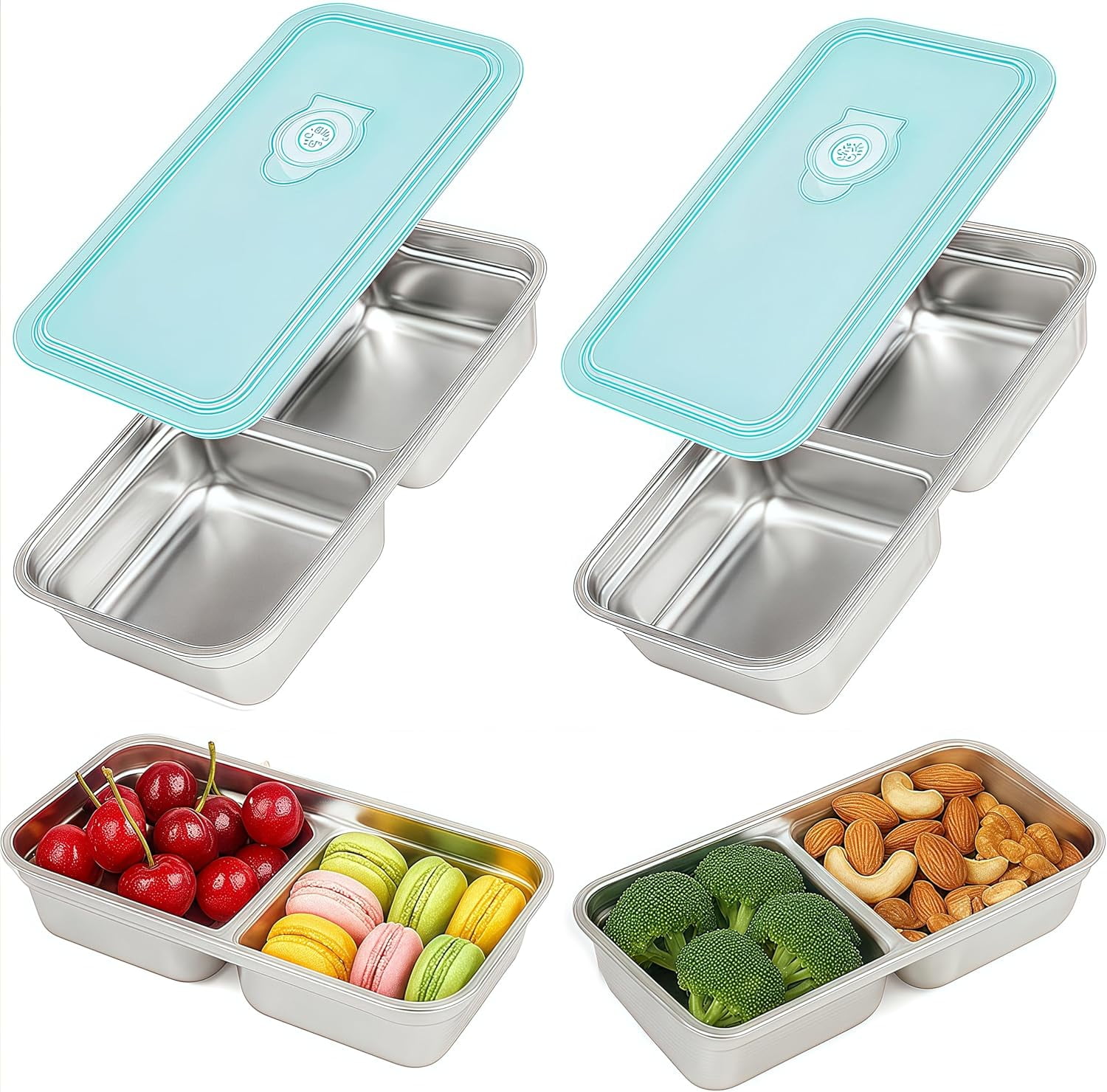 2Pcs 304 Stainless Steel Bento Boxes, 30 oz 2 Compartments Portable ...