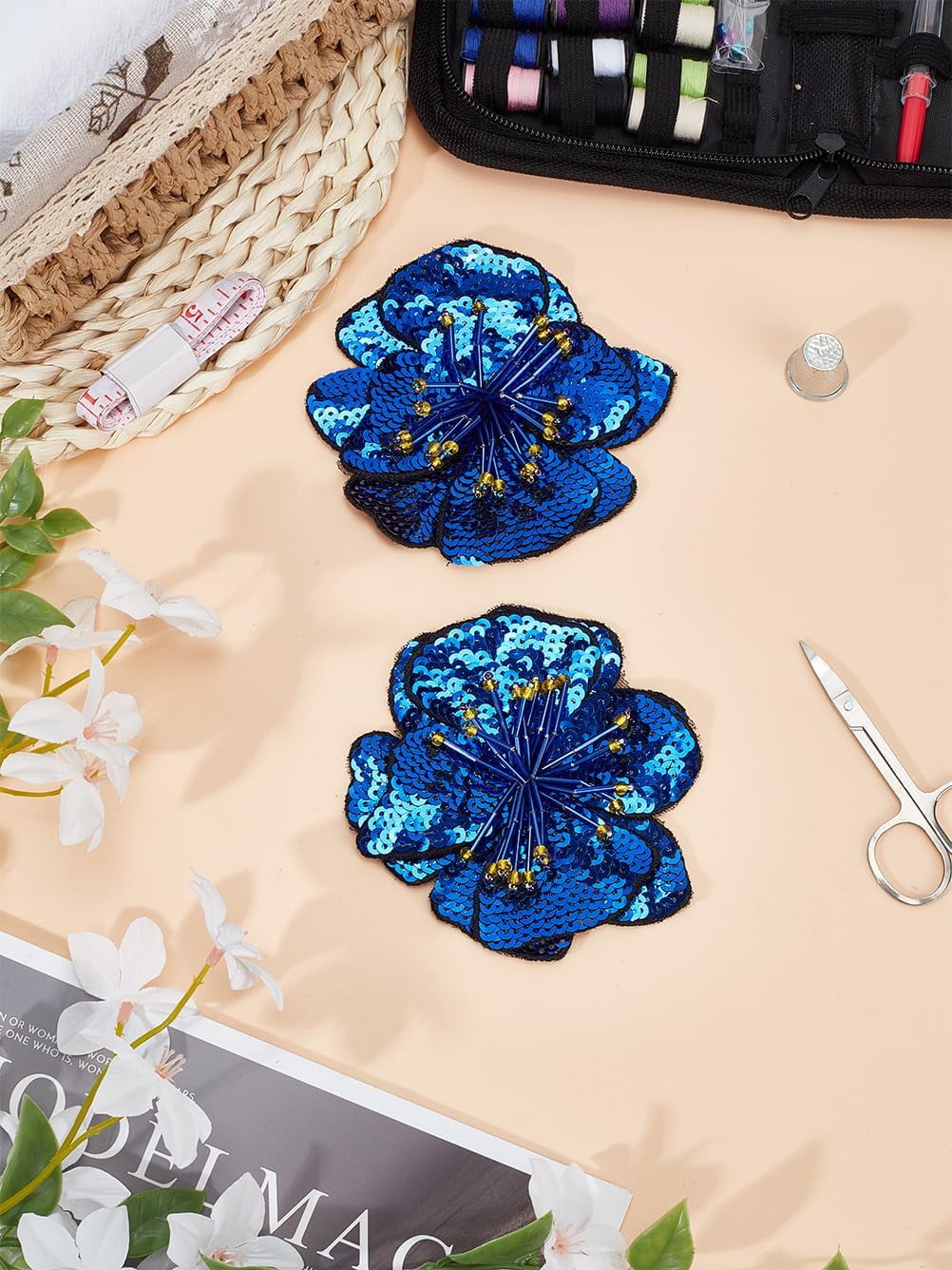 2Pcs 3D Flower Sequin Patches Polyester Glittered Appliques Medium Blue ...