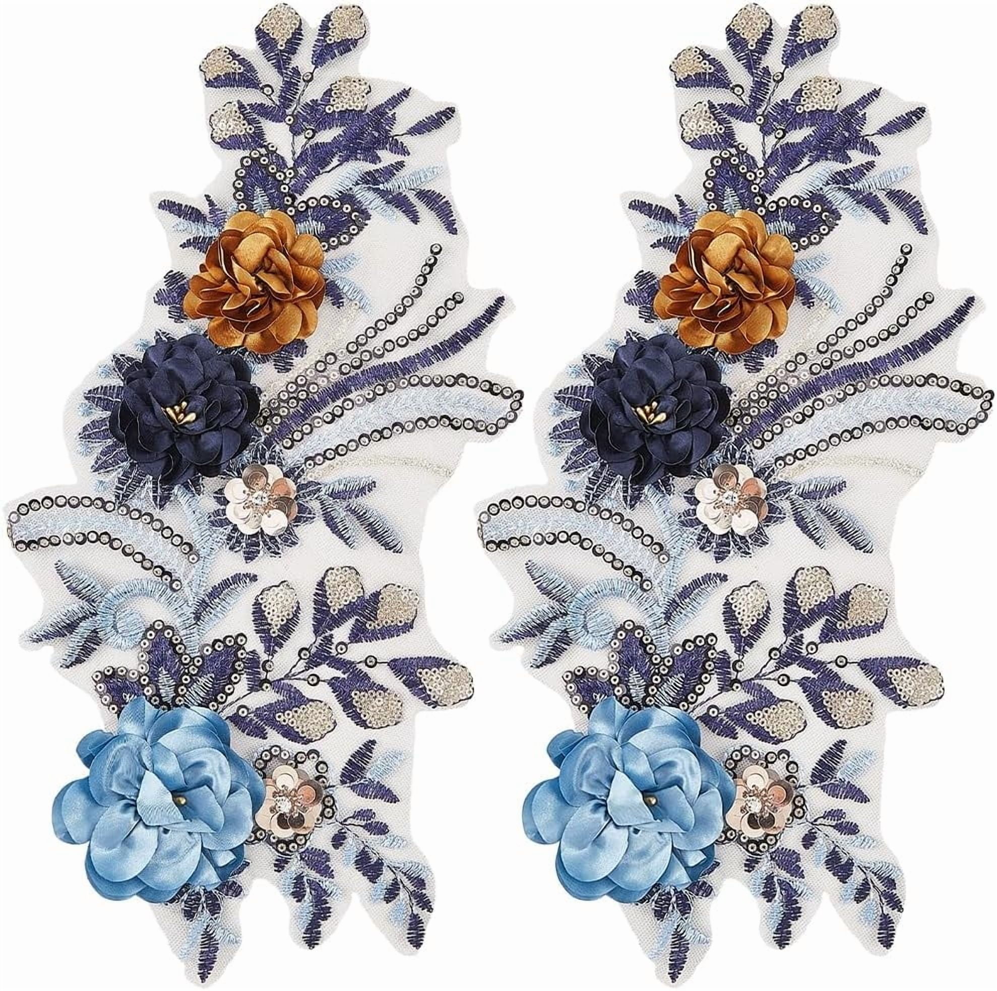 2Pcs 3D Sequin Beaded Flower Appliques Blue Rhinestone Glitter Floral ...