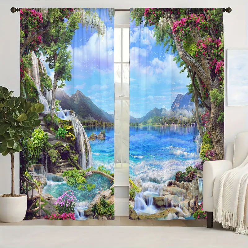 2Pcs 3D Tropical Paradise Curtains Waterfall Lake Mountain Scenery ...