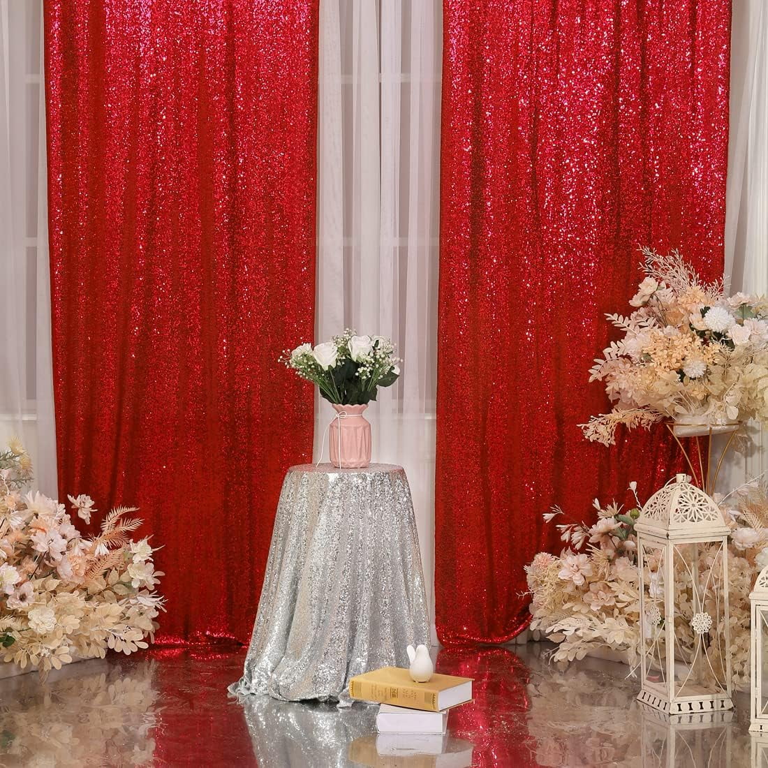 2Pcs 3Ft x 8Ft Sequin Backdrop Curtain, Red Sequin Backdrop, Sequin ...