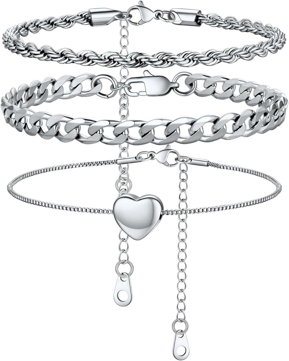 2Pcs/3Pcs Ankle Bracelets for Women, Stainless Steel Cuban Link/Figaro ...