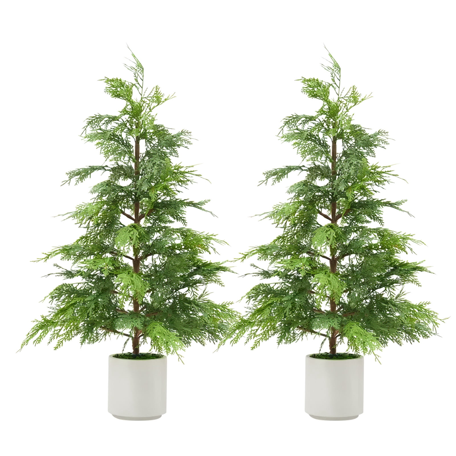 2Pcs 3ft Artificial Cedar Topiary Trees with White Pot UV Resistant for ...