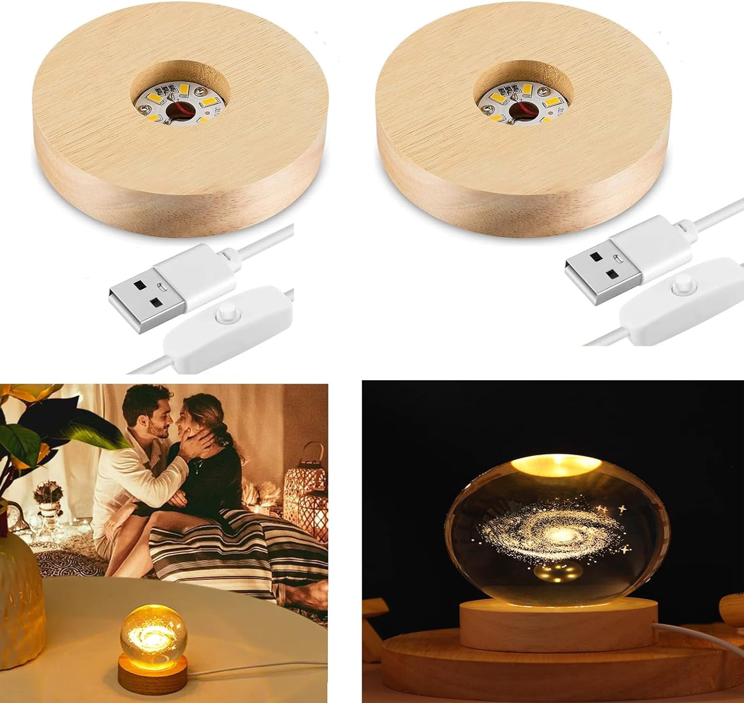 2Pcs 4" Wood Led Light Base, Warm Light Round Wooden Display Base with ...
