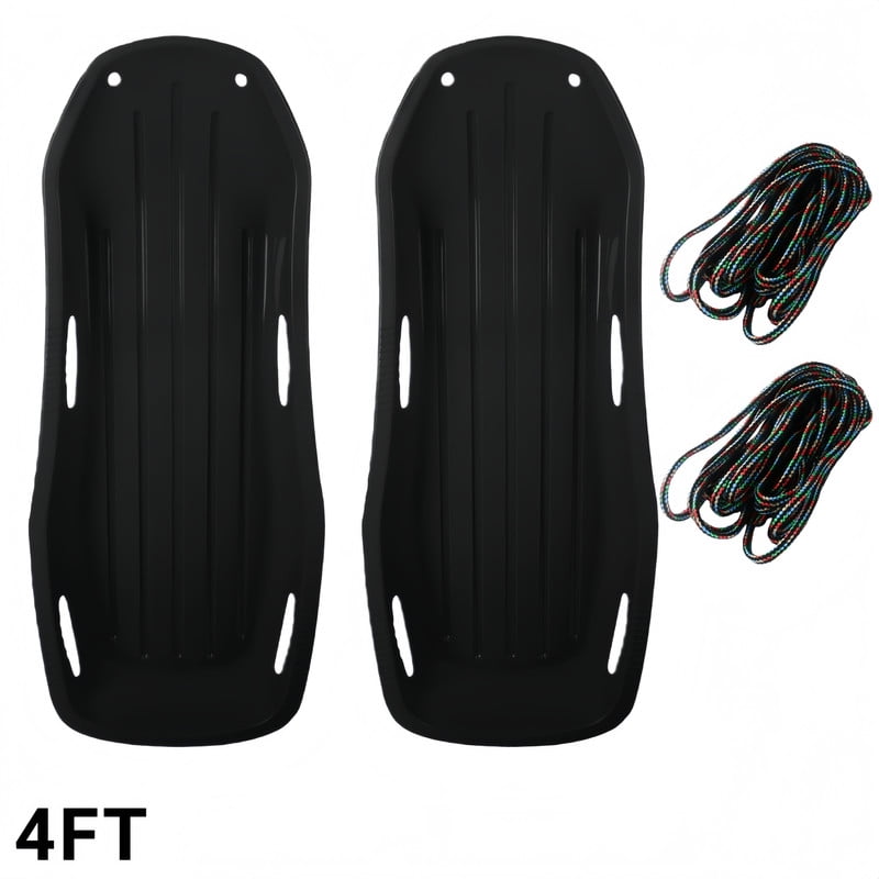 2Pcs 4FT Black Heavy-Duty Toboggan Sled, Reinforced Sled with Tow Rope ...