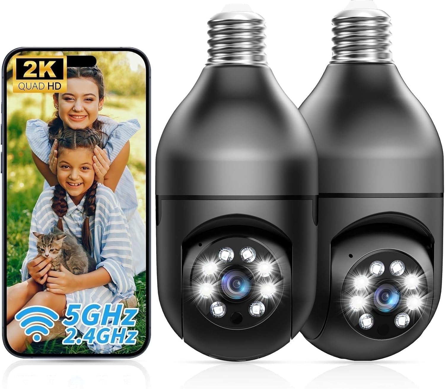 Jqimn 2Pcs 4MP 360° Bulb Security Cameras, Wireless WiFi, Motion ...