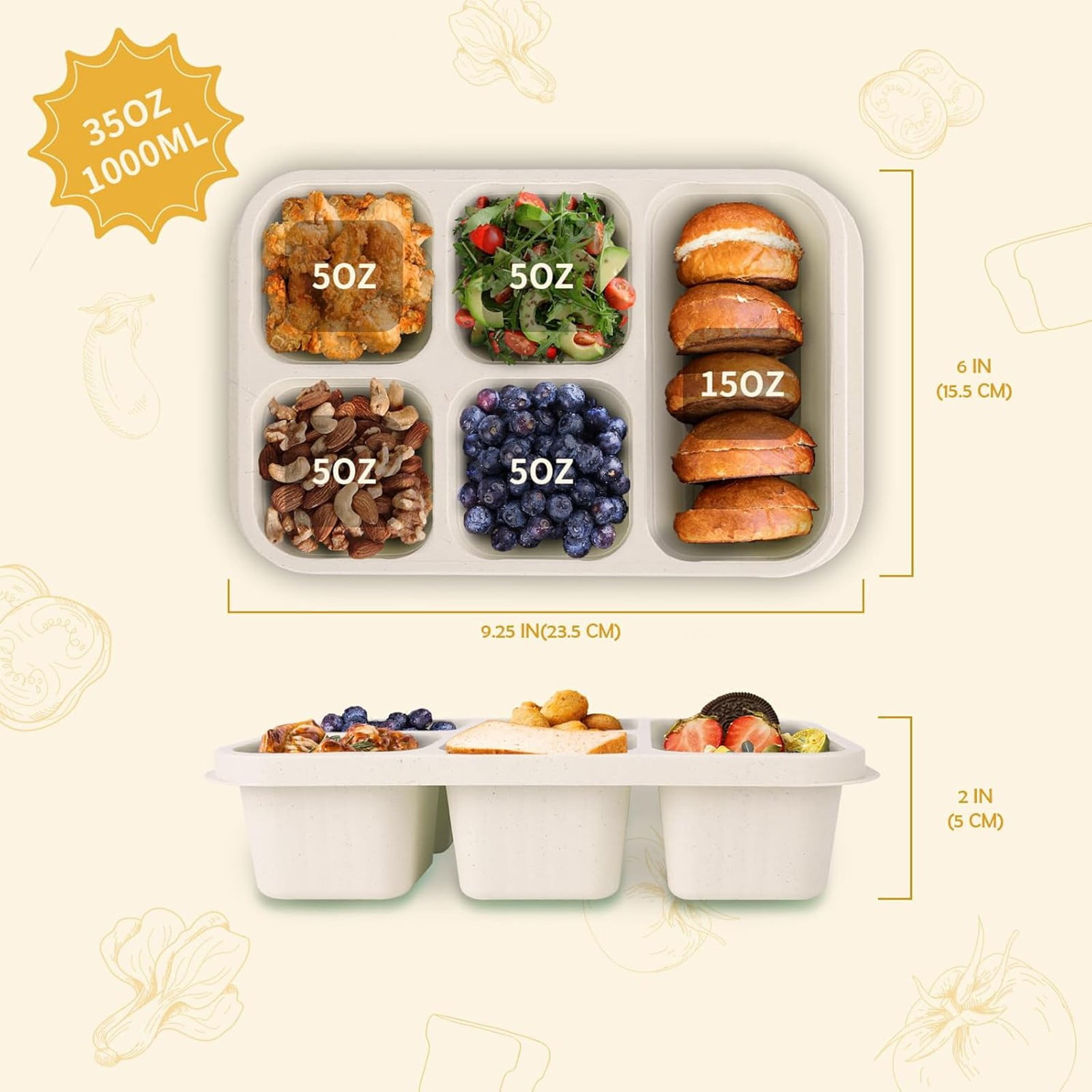2Pcs 5 Compartments Bento Snackle Box Containers With A Transparent ...