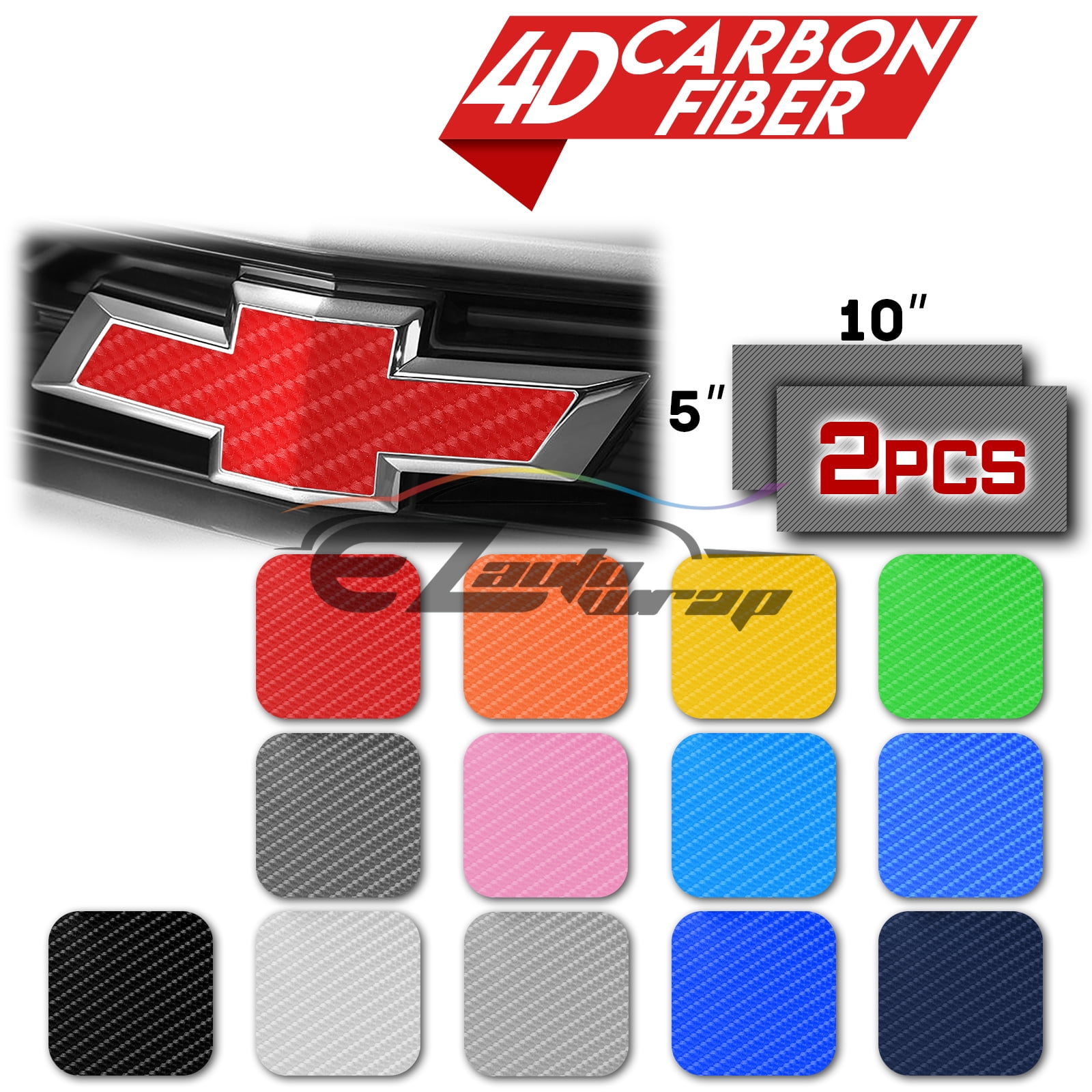 2Pcs 5"x10" Chevy Emblem Bowtie 4D Gloss Red Carbon Fiber Vinyl Wrap ...