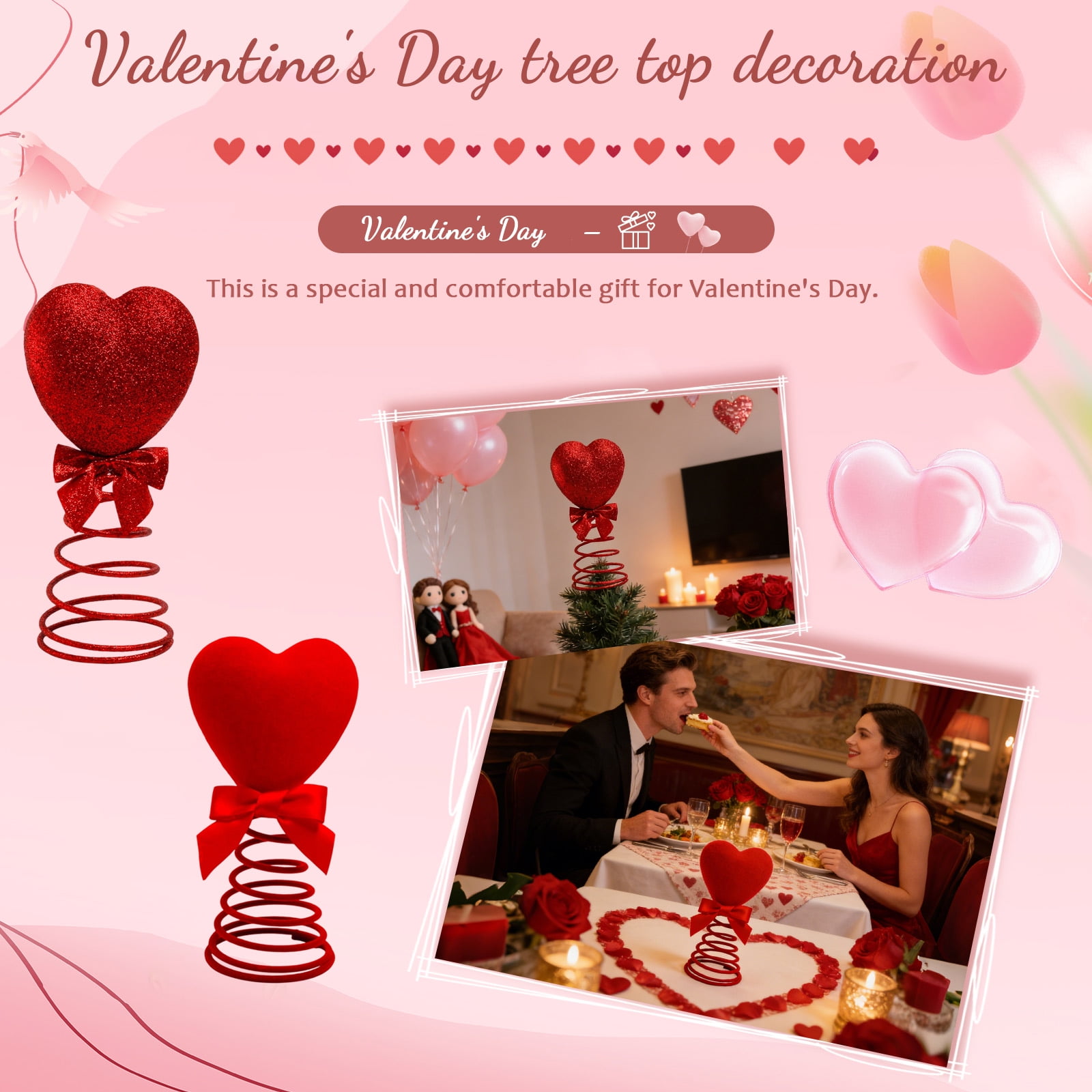 2Pcs 6.3Inch Mini Valentine Glitter Hearts Tree Topper & Desktop ...