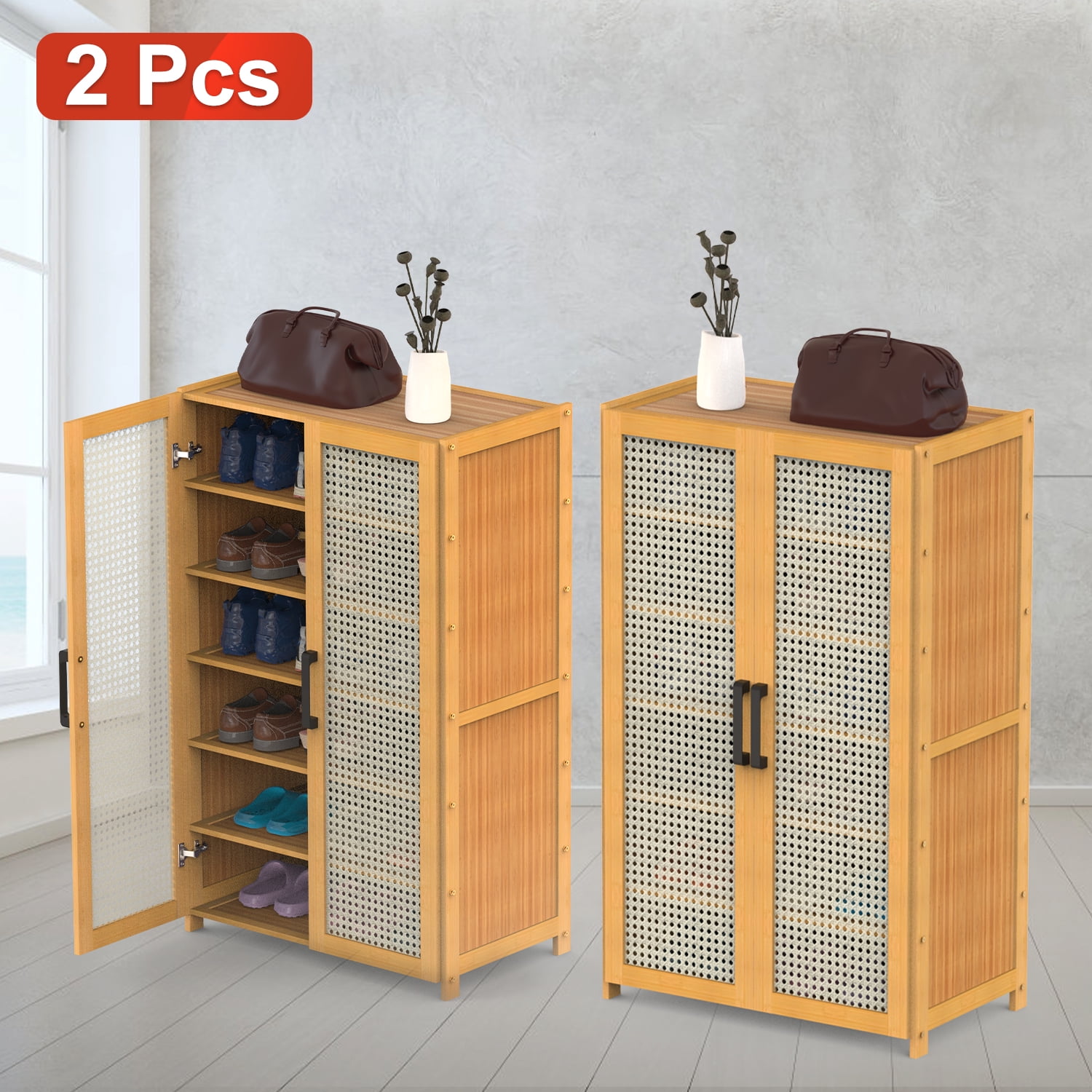2Pcs 6-Tier Large Bamboo Shoe Cabinet with 2 Ventilated Doors Shoe ...