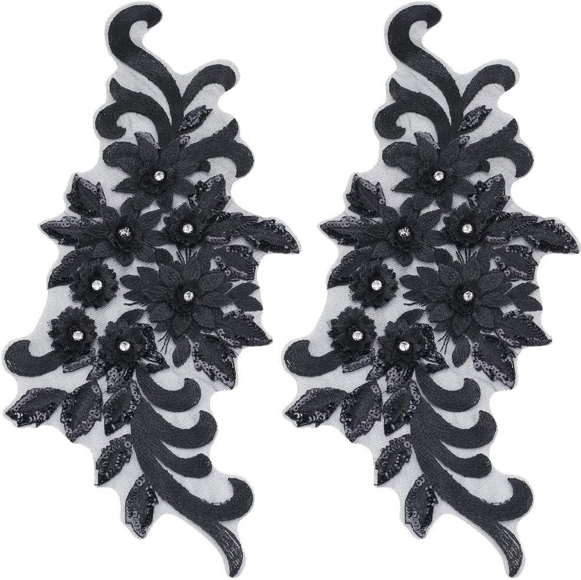 2Pcs 7.6x16 Inch Black Sequins Flowers Patches 3D Lace Floral ...