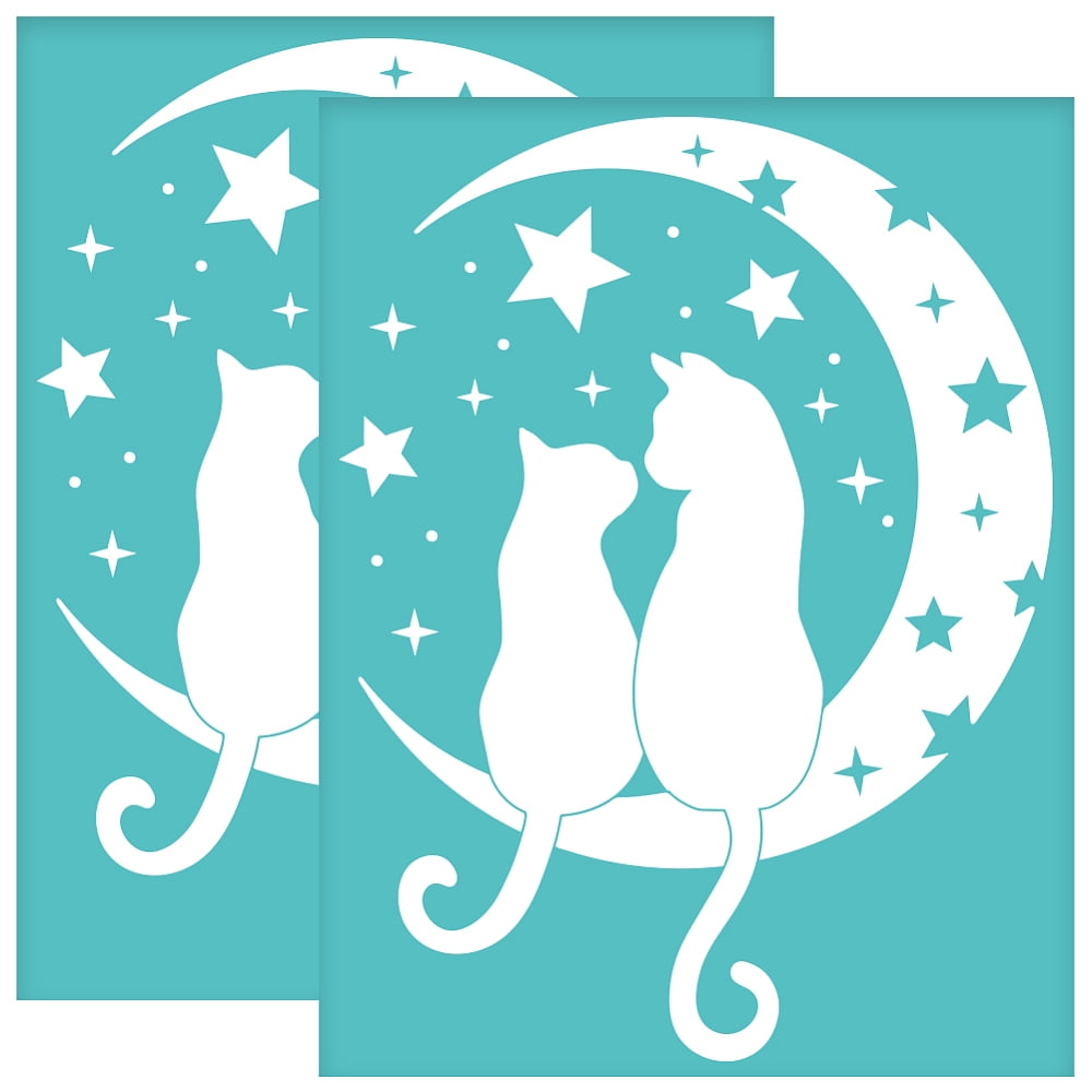 2Pcs 8.6x11 Inch Self-Adhesive Silk Screen Printing Stencil Cat Moon ...