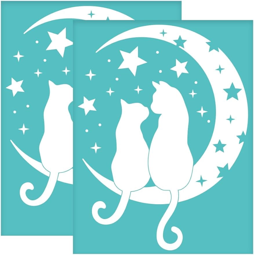 2Pcs 8.6x11 Inch Self-Adhesive Silk Screen Printing Stencil Cat Moon ...