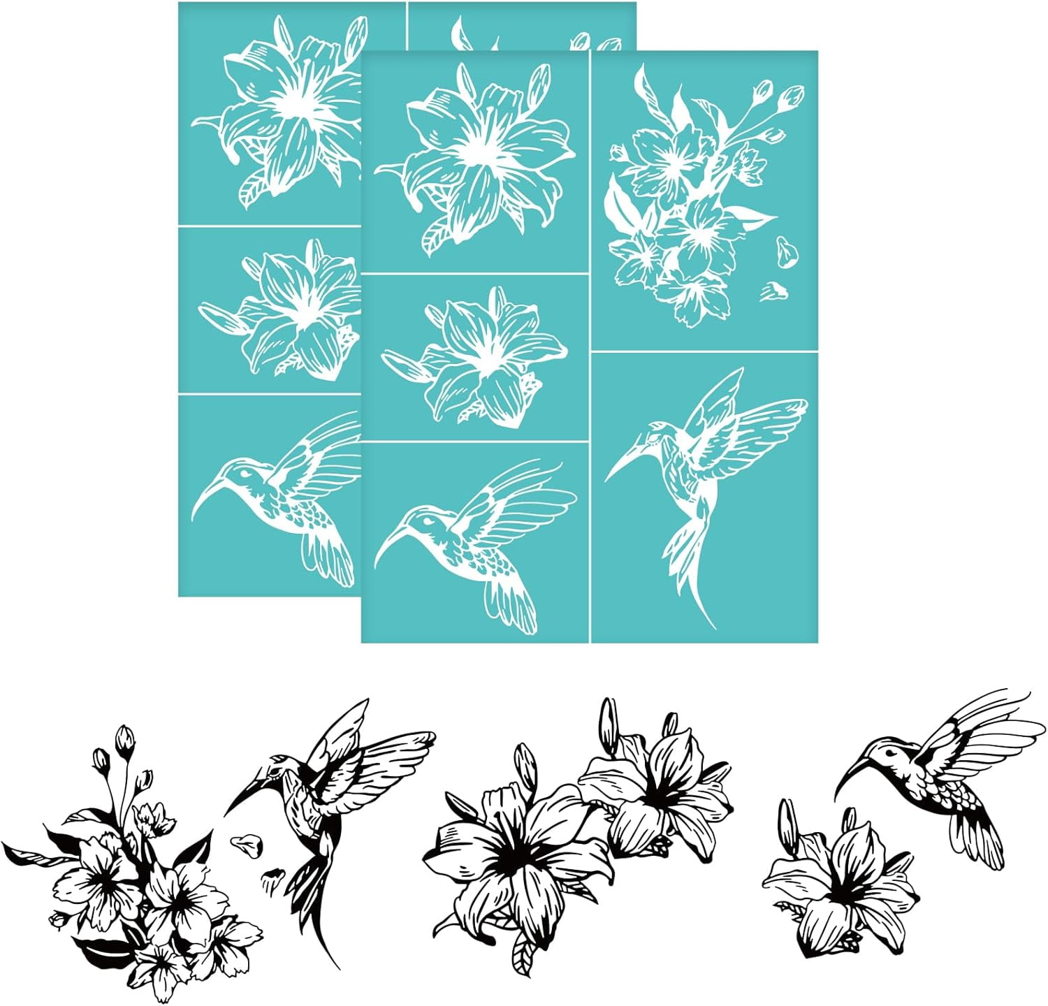 2Pcs 8.6x11 Inch Self-Adhesive Silk Screen Printing Stencil Combination Hummingbird Flower Silk ...