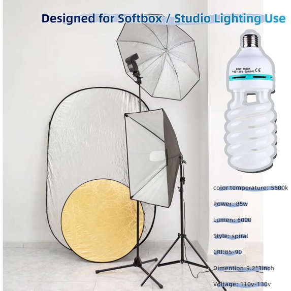 2Pcs 85W Light Bulb 5500K CFL Roas Daylight Spiral Softbox Lighting Kit ...