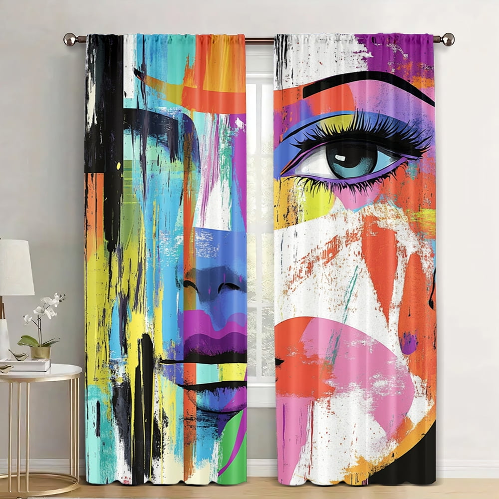 2Pcs Abstract Curtains Woman Face Art Composition Paint Strokes And ...