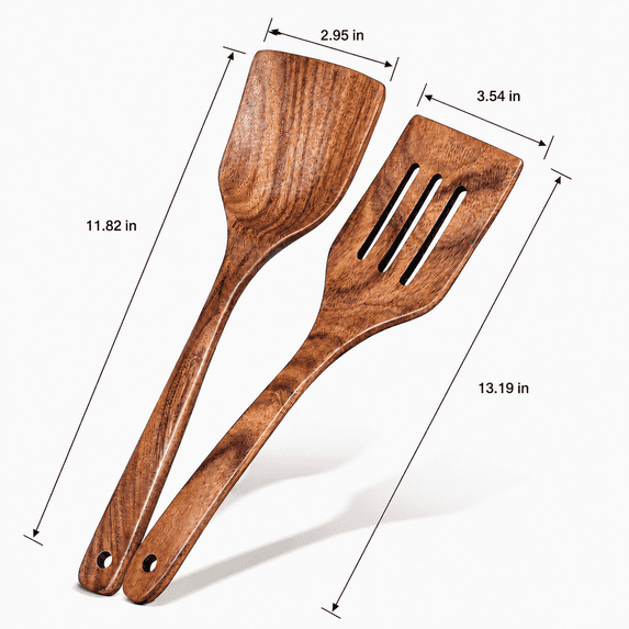 2Pcs Acacia Wooden Spatula Set, Solid & Slotted Long Handle Flat Frying ...