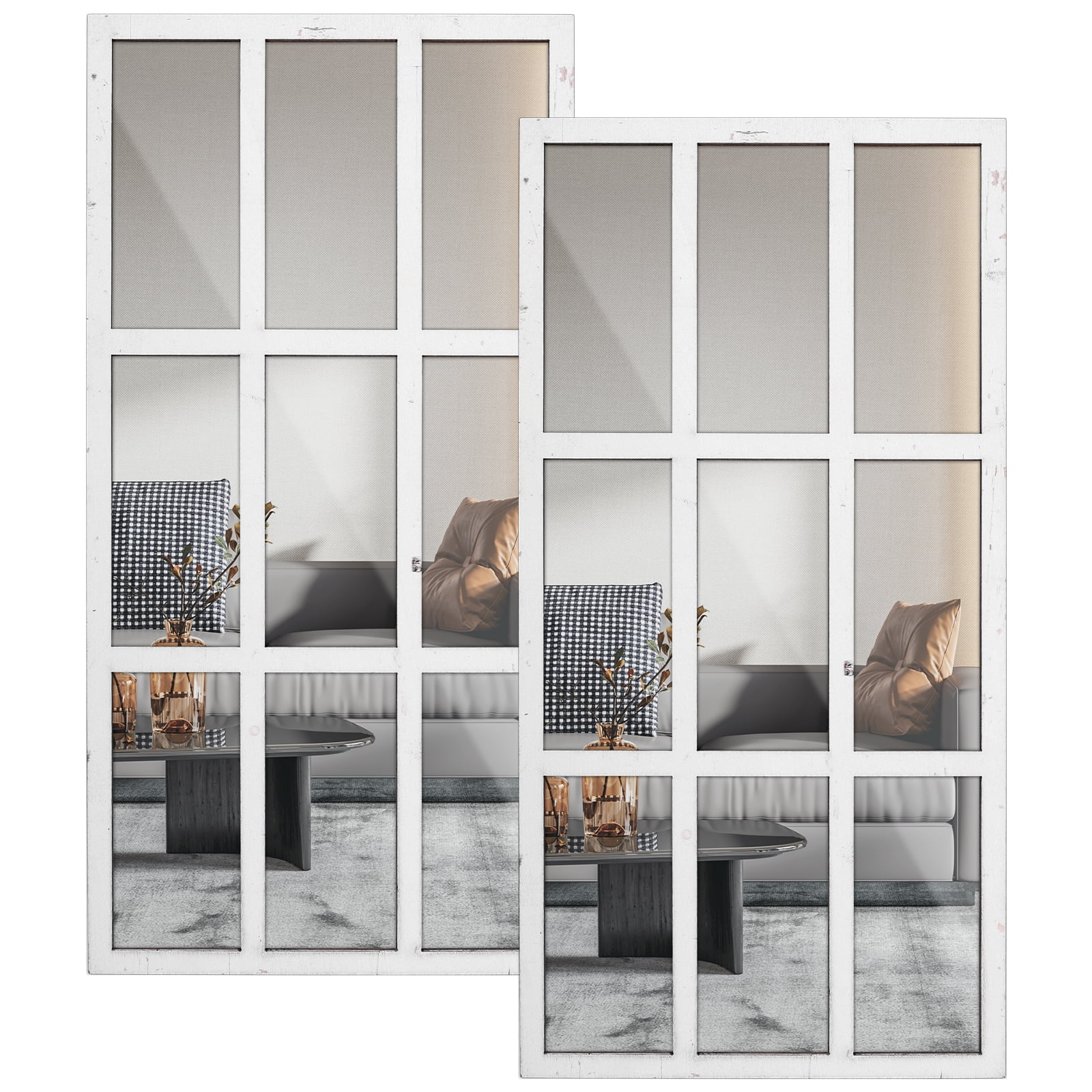 2Pcs Acrylic Rectangle Windowpane Mirror Wood Framed Mirror Wall Decor ...