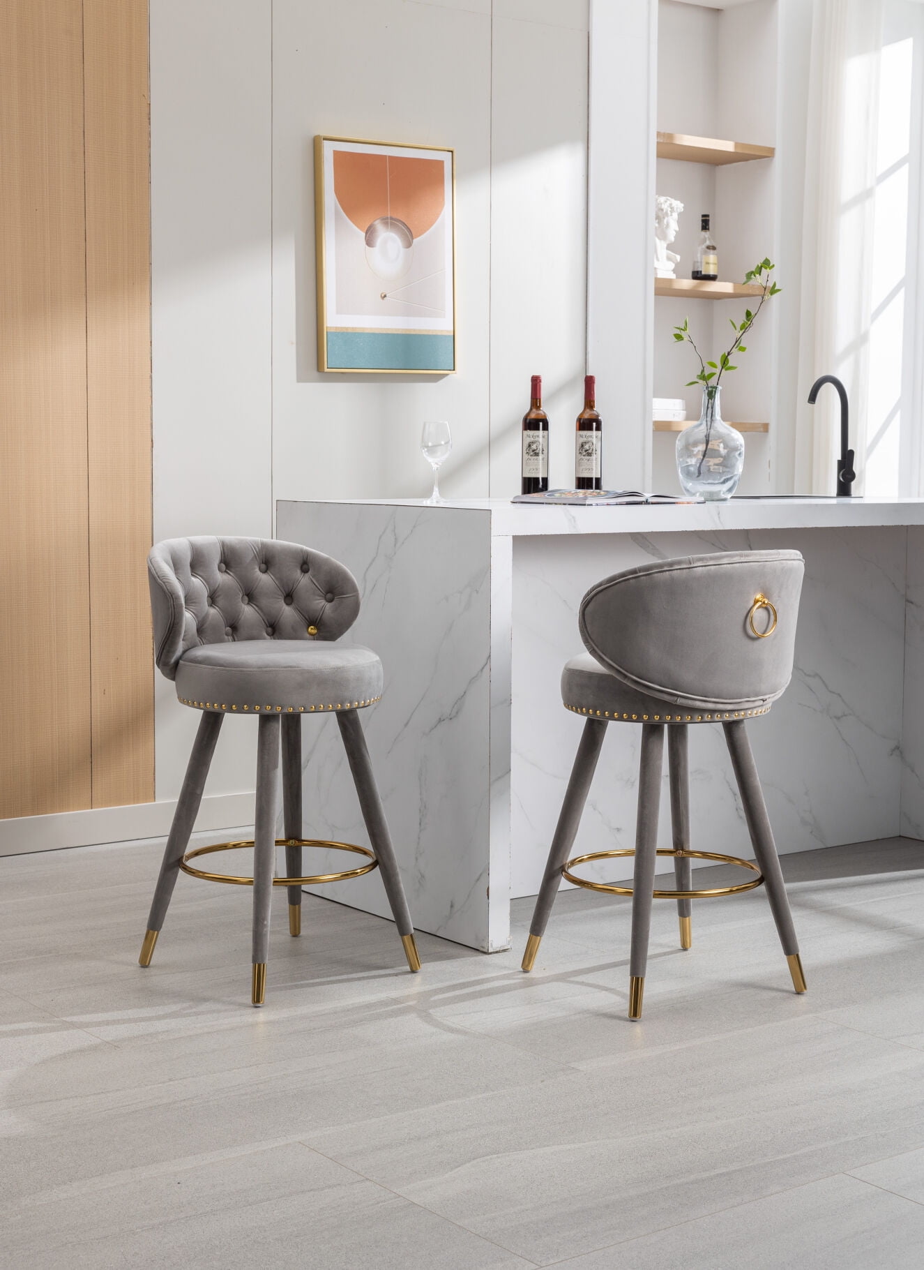 2Pcs Adjustable Counter Height Swivel Bar Stools, Mid-Century Velvet ...