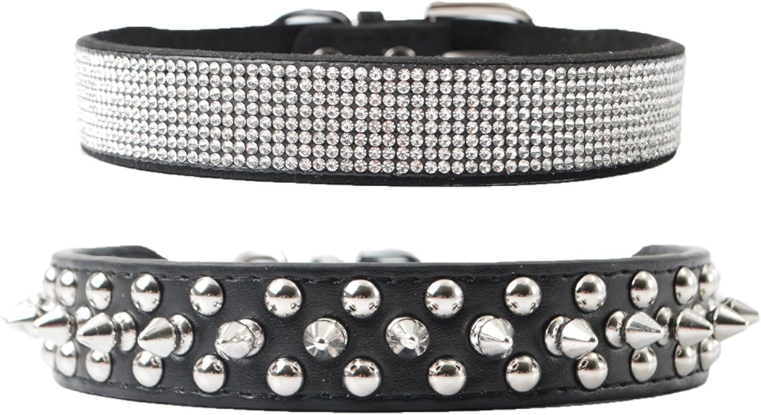 2Pcs Adjustable Dog Cat Collar,Rhinestone Dog Bling Collar&Leather ...