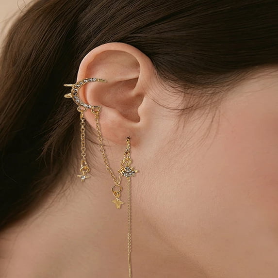 2Pcs Alloy Rhinetosne Cuff Earrings Golden Long Tassel Ear Cuffs with ...