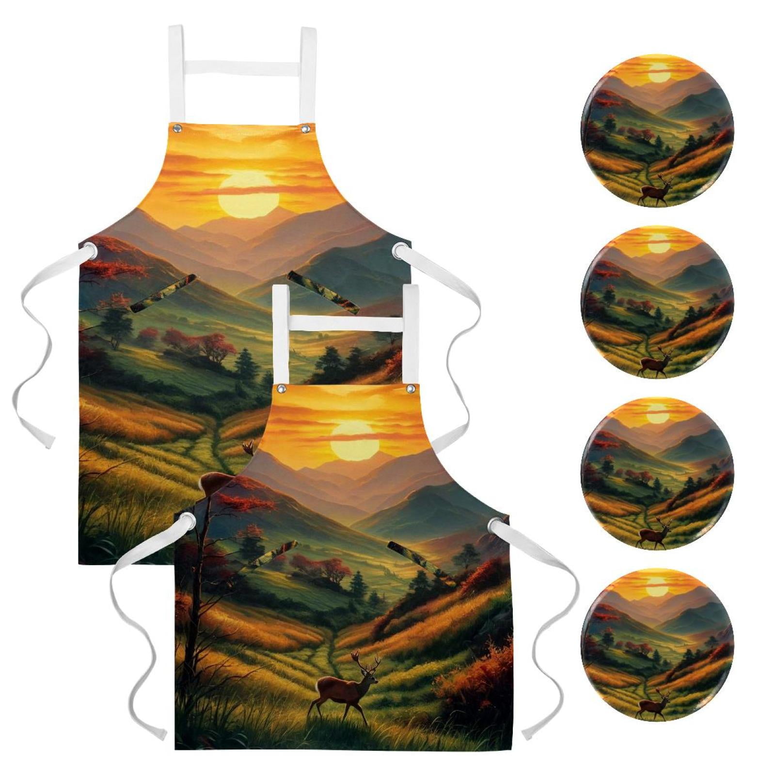 2Pcs Art Mountain Deer Versatile Aprons Set - Kitchen, Baking,Cooking ...