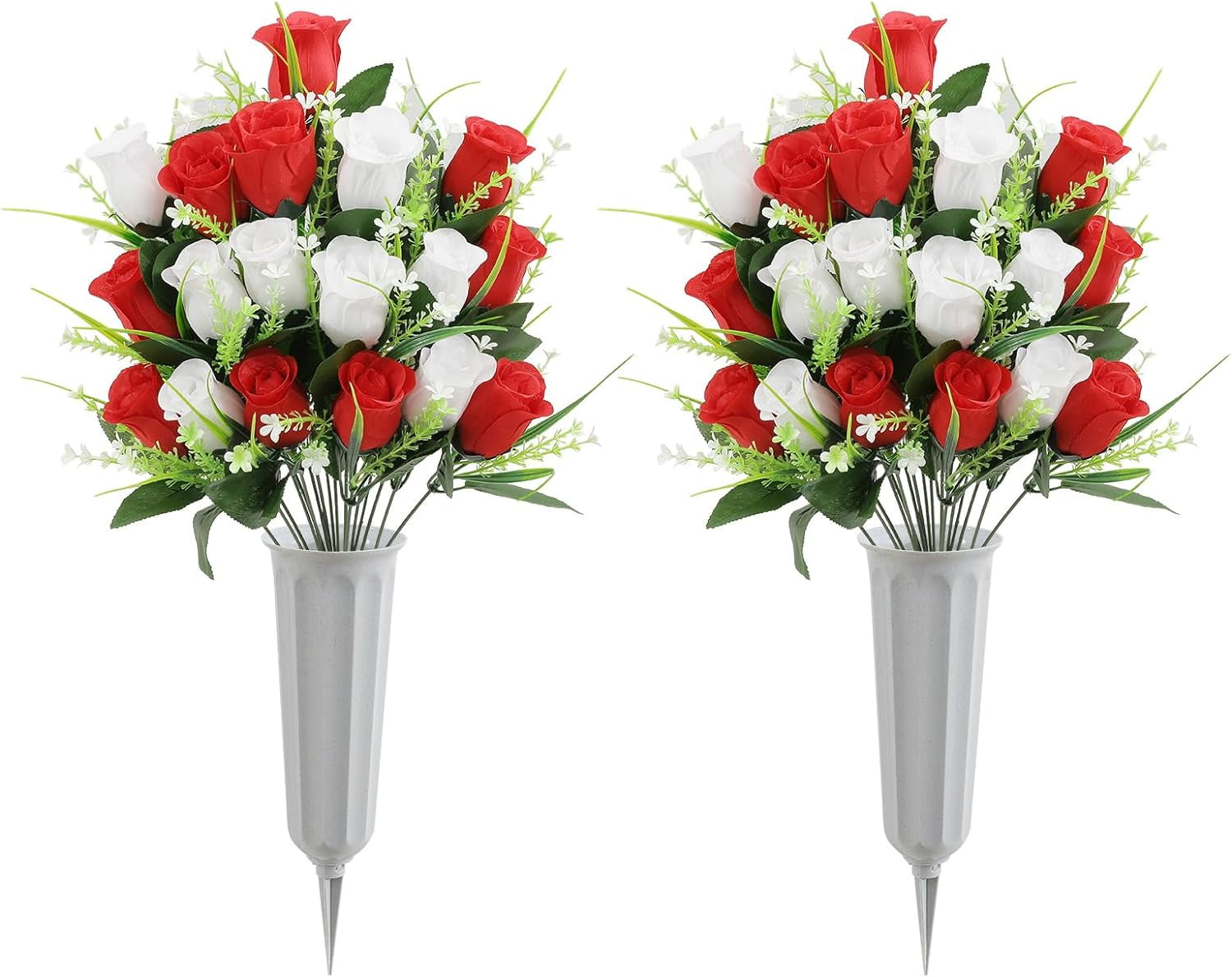 2Pcs Artificial Cemetery Flowers with Vase for Grave Silk Memorial Rose ...