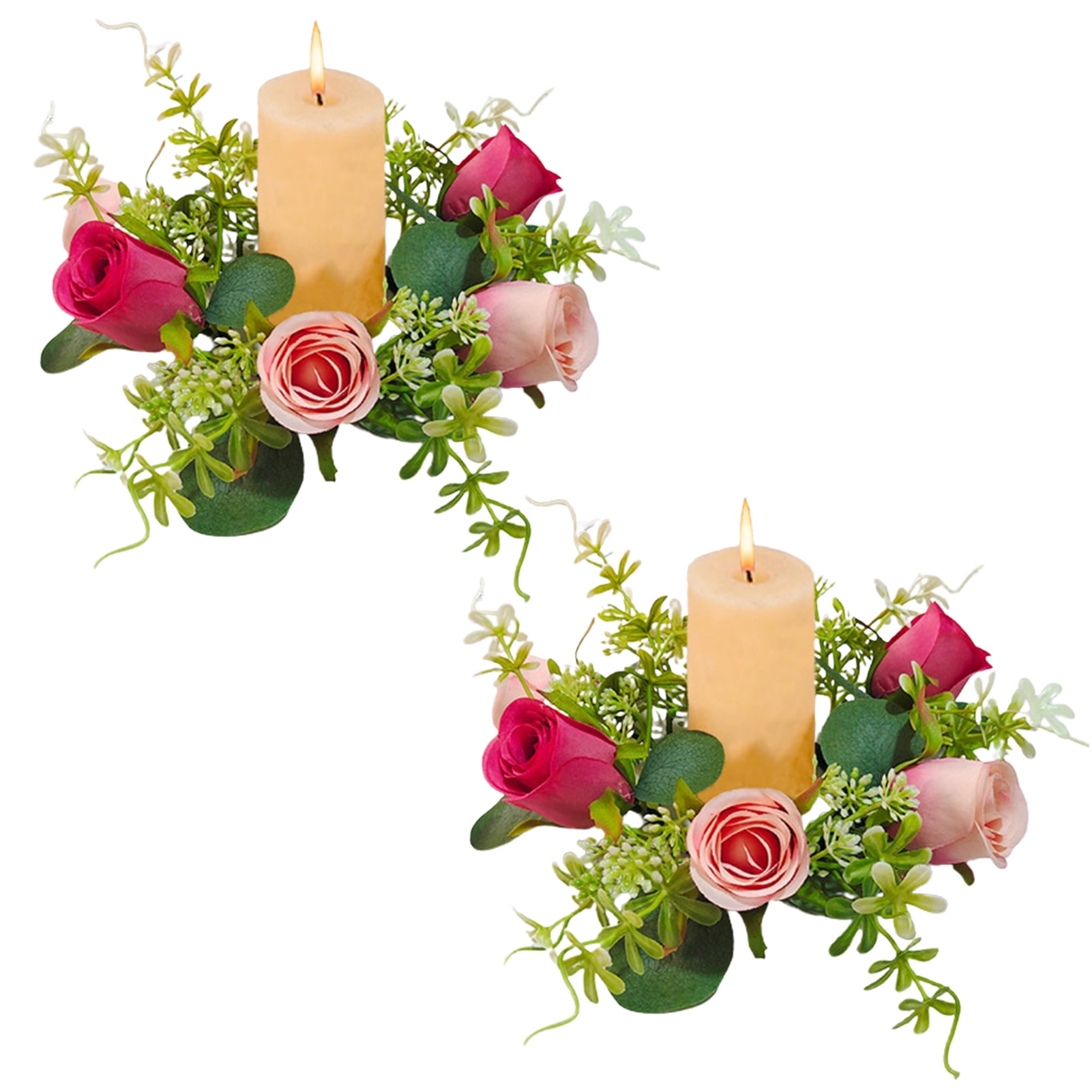 2Pcs Artificial Rose Wreath Candle Ring Pillar Candle Holder Green ...