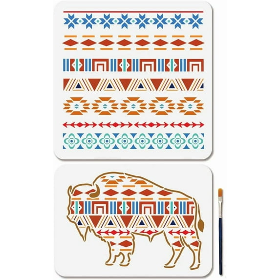 2Pcs Aztec Buffalo Stencil for Painting 11.8×11.8/11.7×8.3inch Tribal ...
