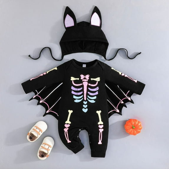 2Pcs Baby Boy Girls My 1st Halloween Bat Costumes Newborn Infants Glow In The Dark Skeleton ...