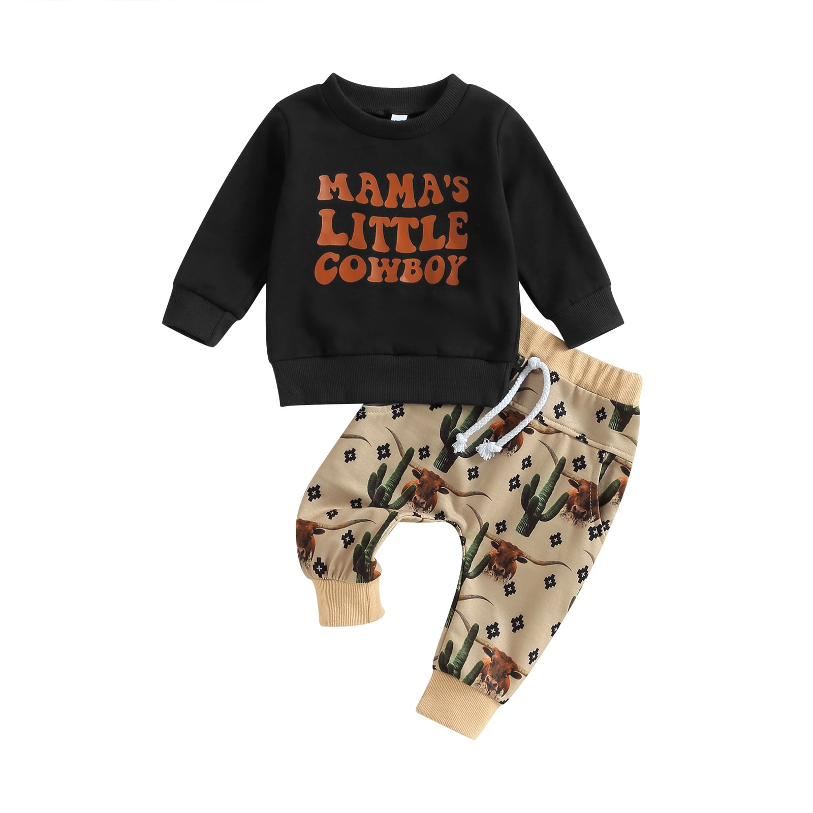 2Pcs Baby Boy Western Clothes 6 12 18 24M 3T Long Sleeve Sweatshirt + Cow Cactus Print Pants Set ...