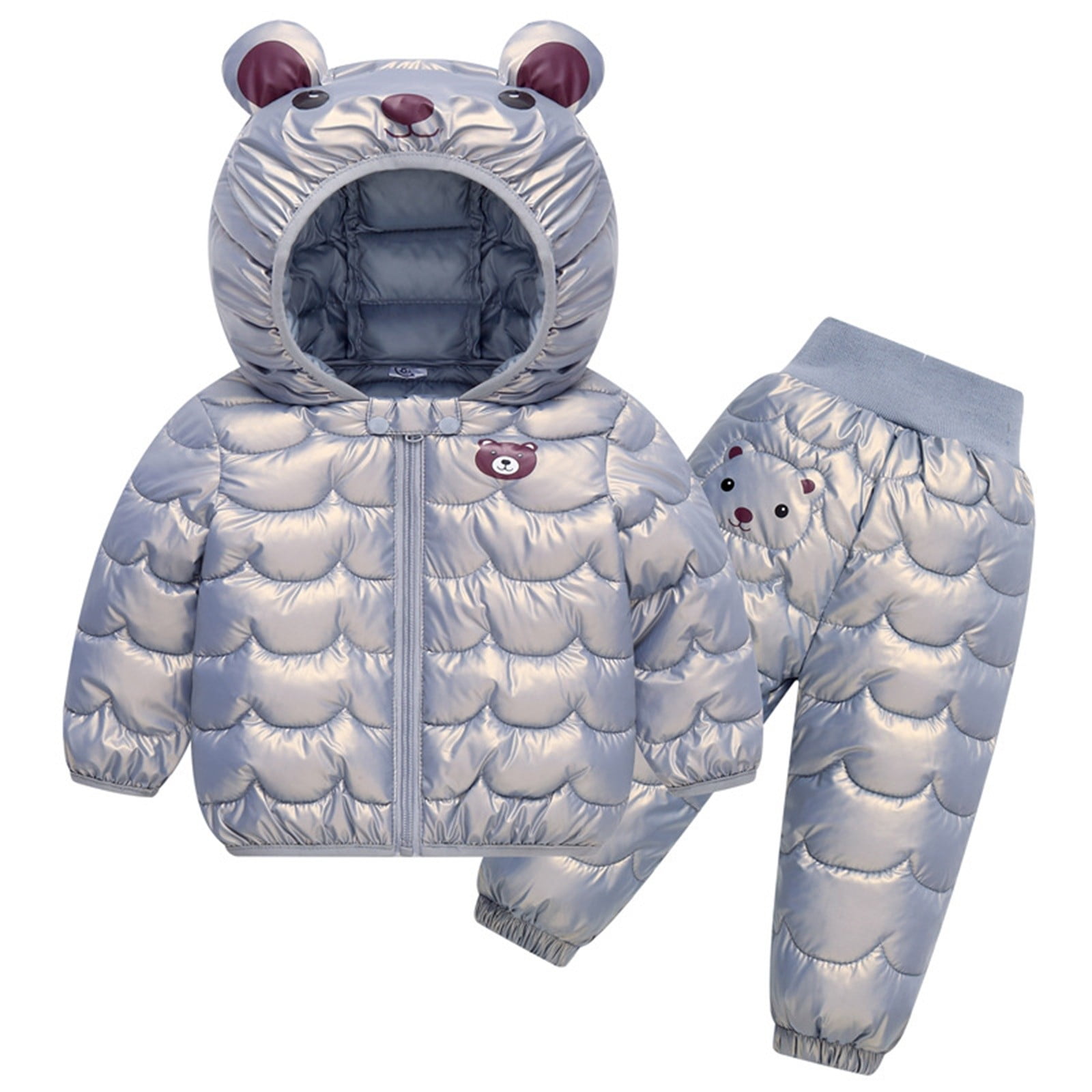 2Pcs Baby Snowsuit Hooded Bear Ears Coat Winter Down Jacket and Elastic Waist Puffer Ski Pants ...