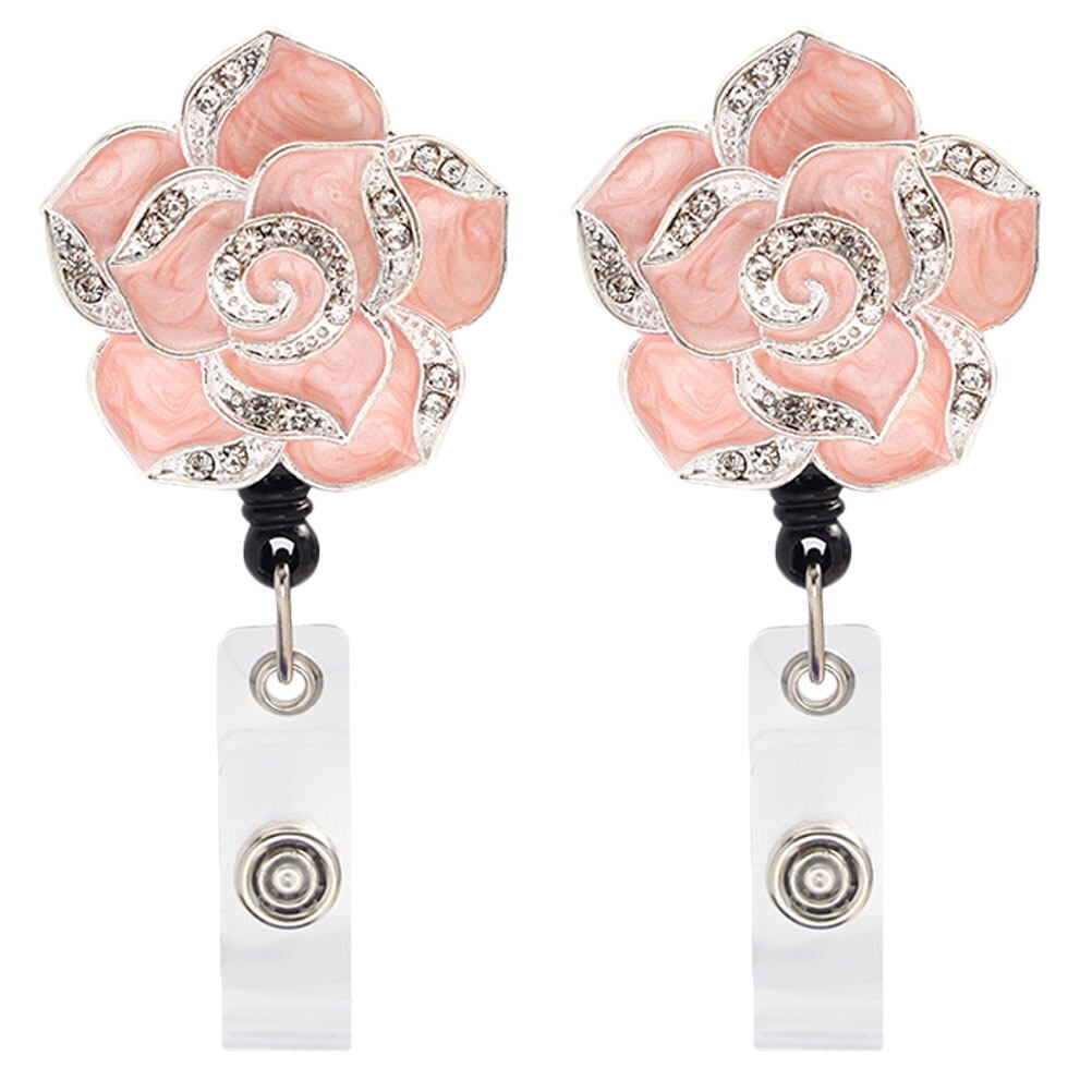2Pcs Badge ID Cards Holders Rhinestone Flower Shape Badge Clips Name ...