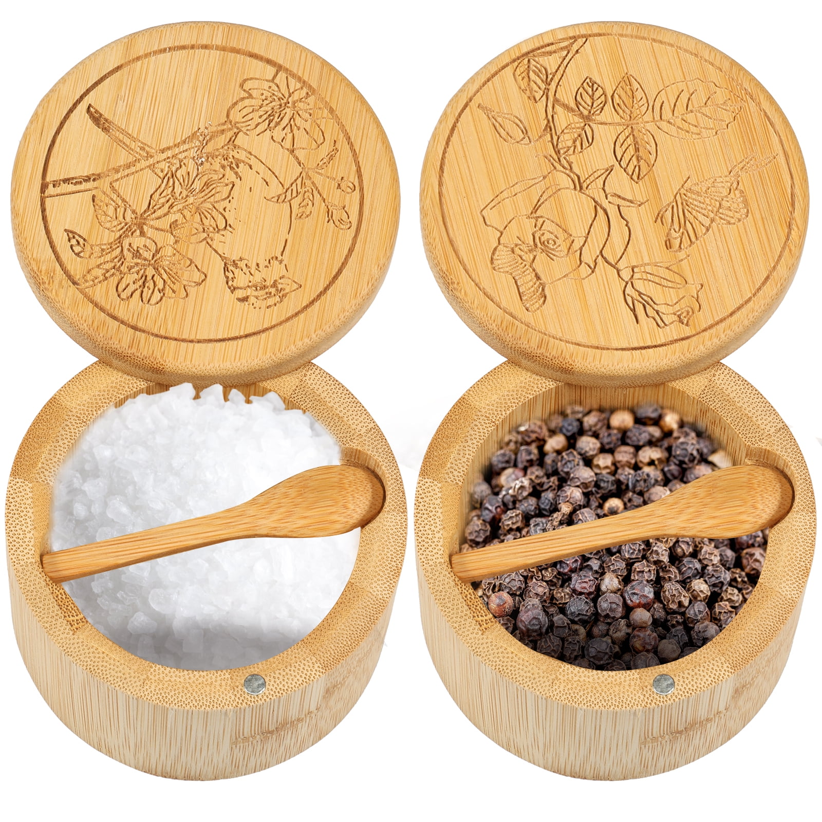 2Pcs Bamboo Salt Cellar Box Container Bowl with Lid and Spoon Kitchen ...