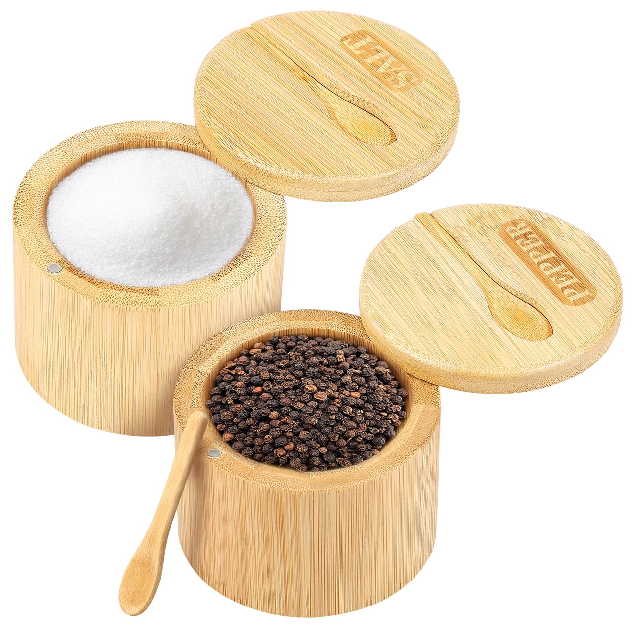 2Pcs Bamboo Salt Cellar Spice Box with Magnetic Swivel Lid & Spoon ...