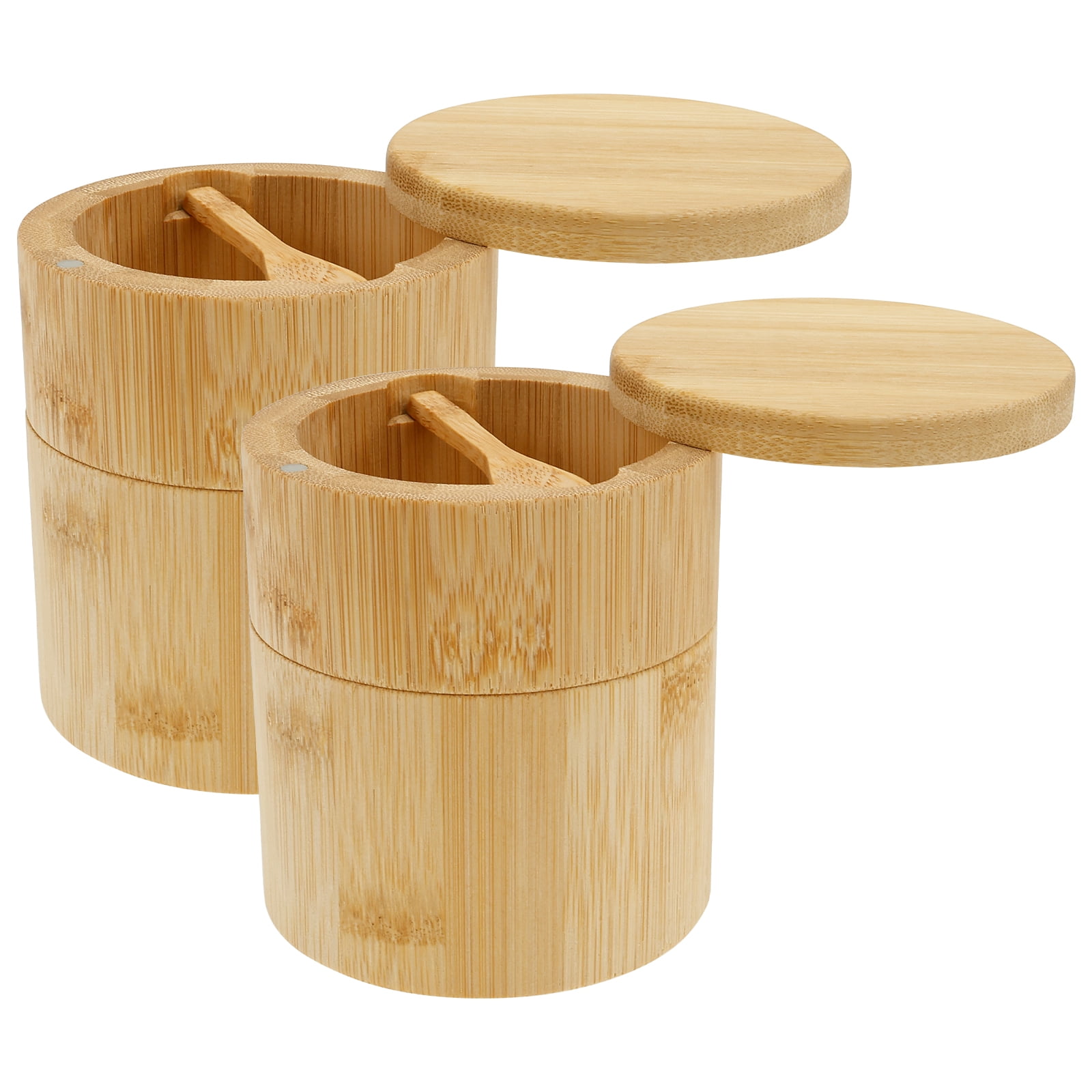 2Pcs Bamboo Salt Cellar with Magnetic Lid Wide Mouth Double Layers Salt ...