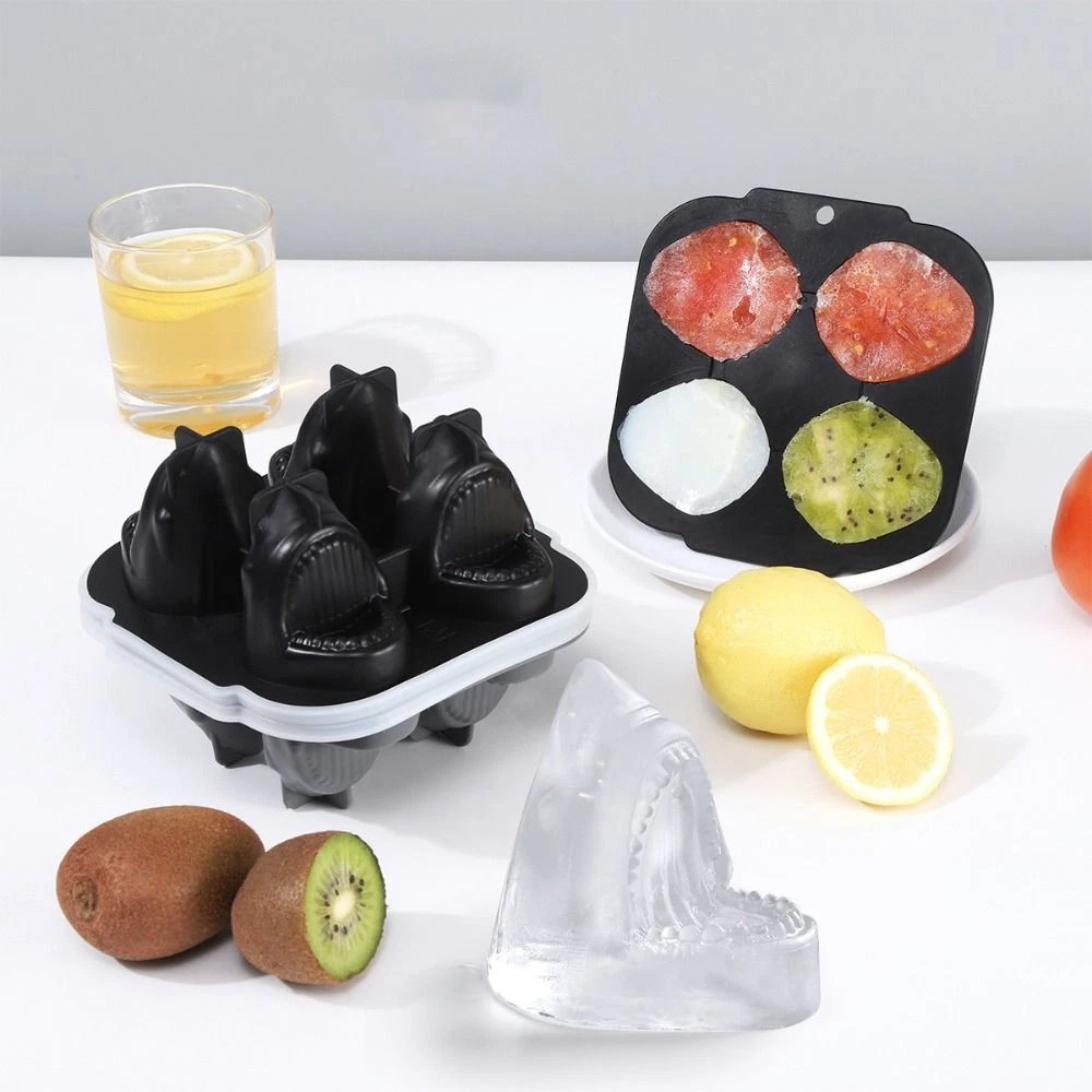 2Pcs Bar Tool 3D Sharks Ice Cubes 4 Grid Easy Demolding Ice Cube Tray ...