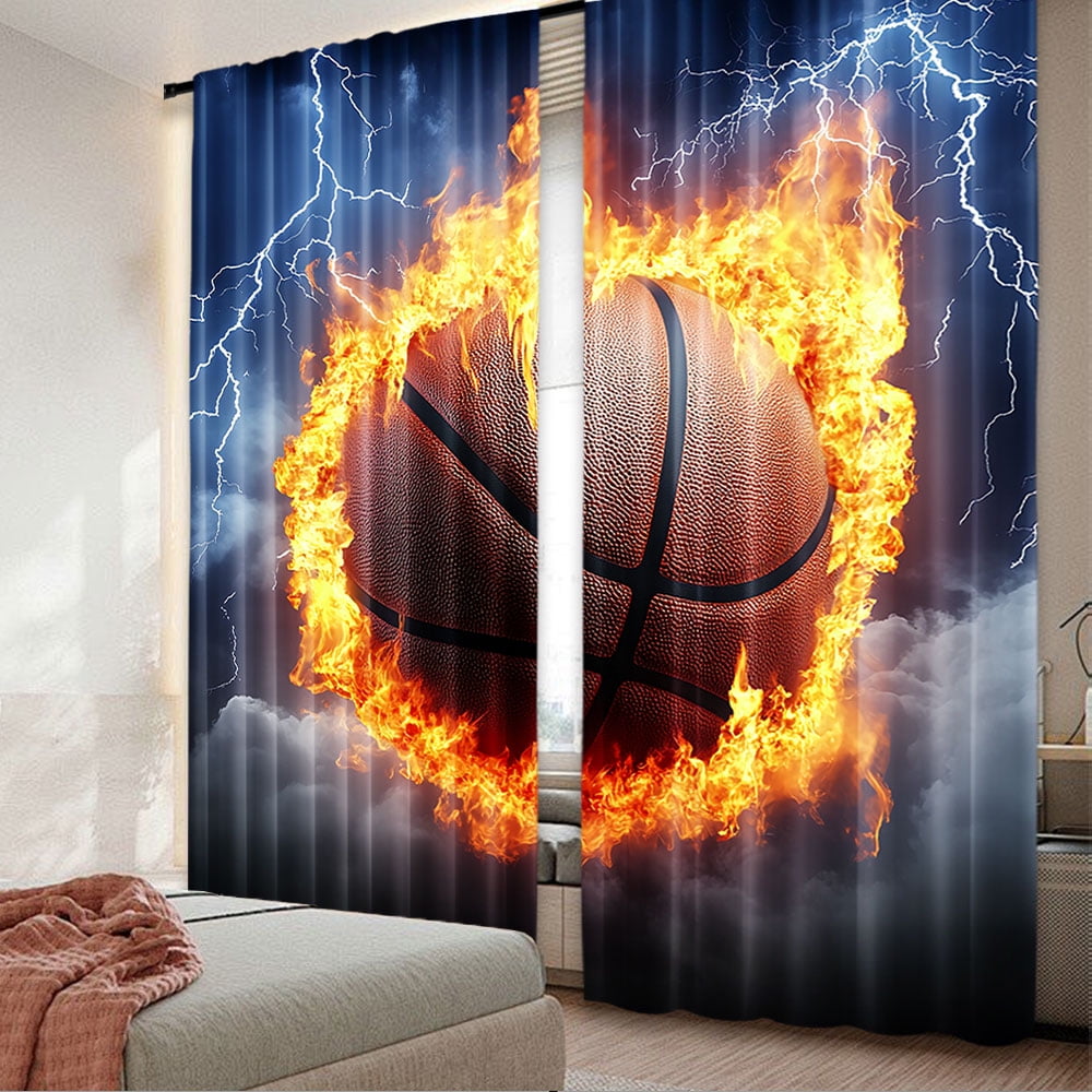 2Pcs Basketball Curtains Sport Fantasy Lightning Fire Thermal Drapes ...