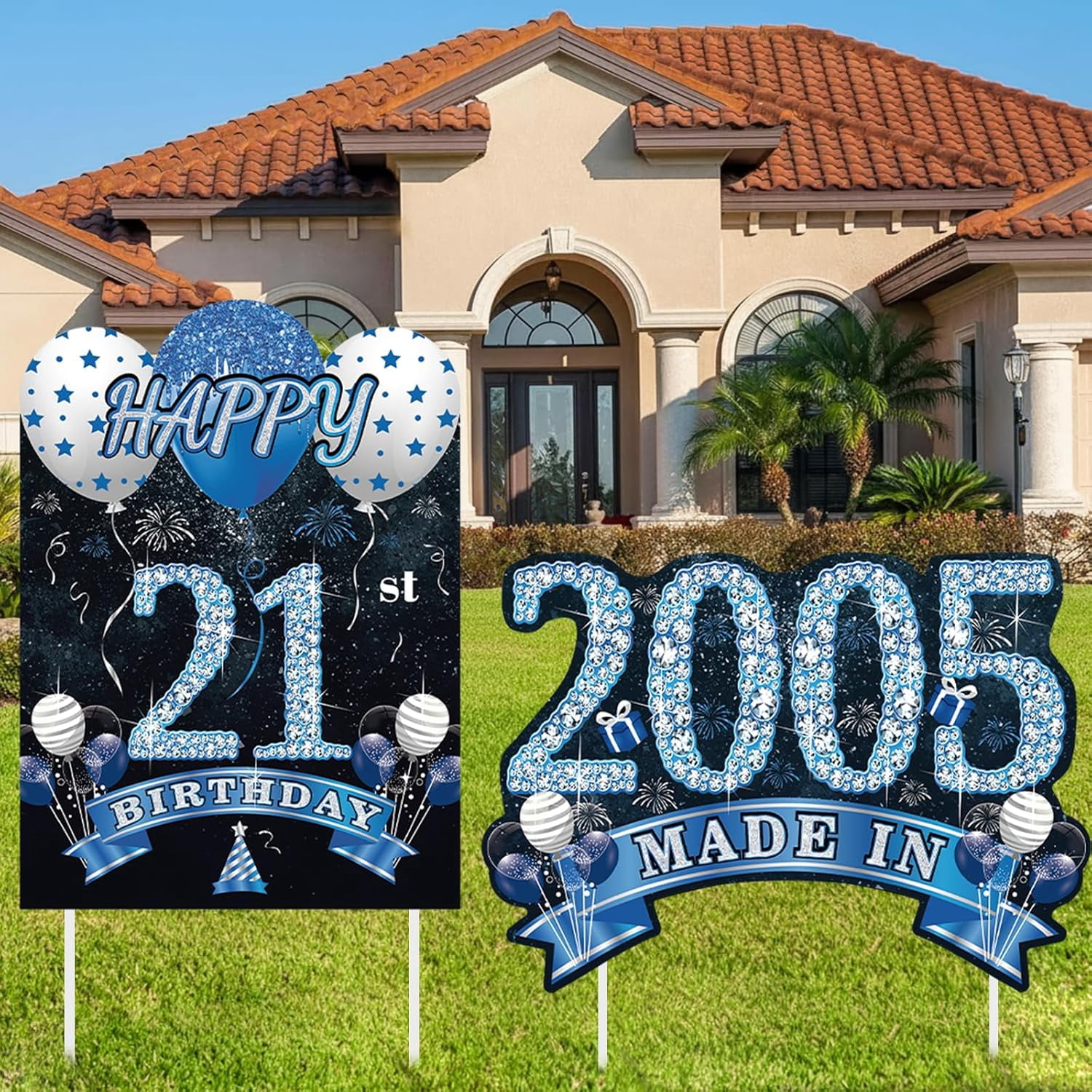 2Pcs Birthday Yard Signs,21st Birthday Decorations for Him Blue Silver ...