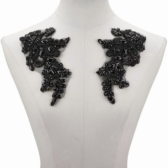 2Pcs Black Lace Bead Applique Embroidery Floral Glass Rhinestone Beaded ...