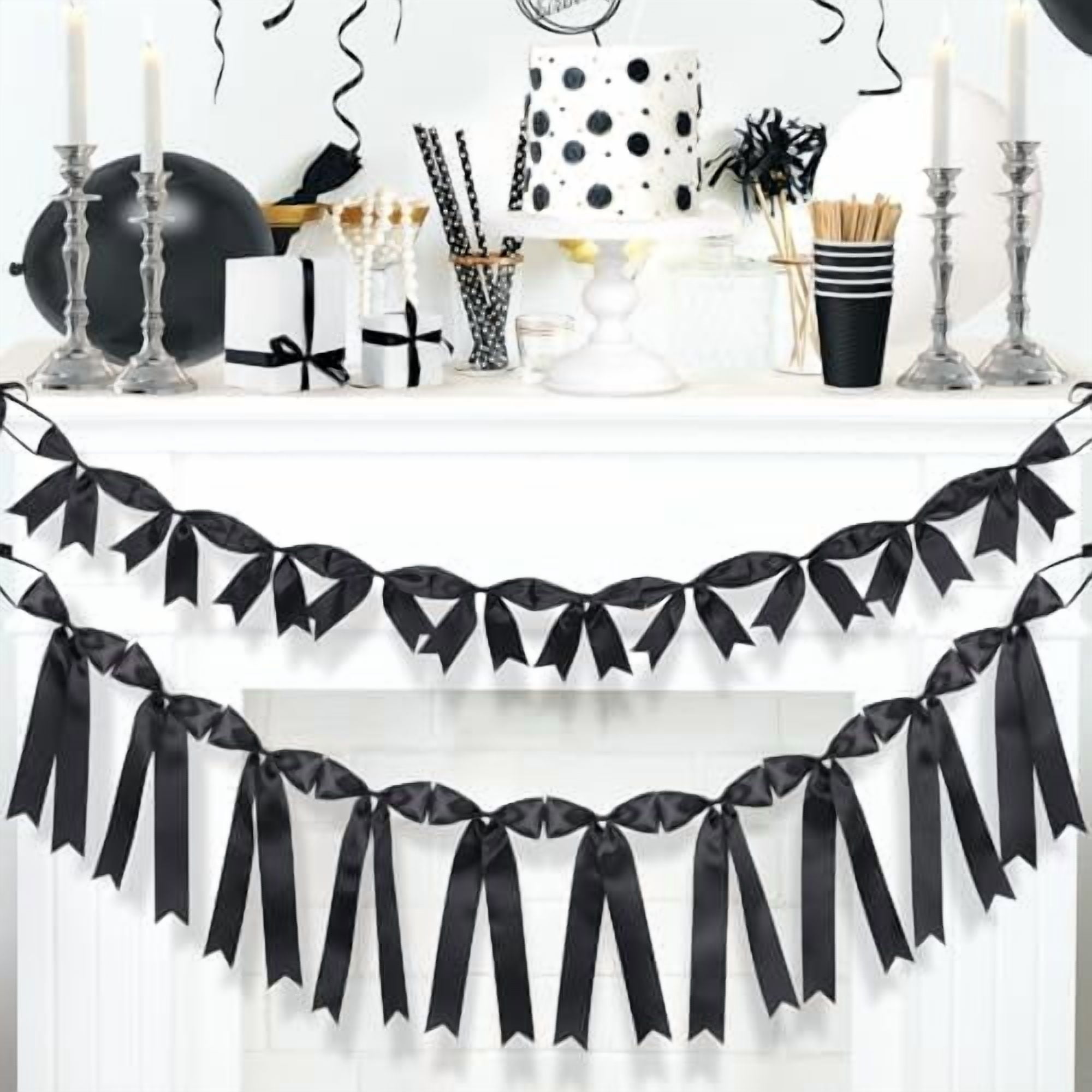 2Pcs Black Satin Ribbon Bow Banner Garland, Black Bow Party Banner ...