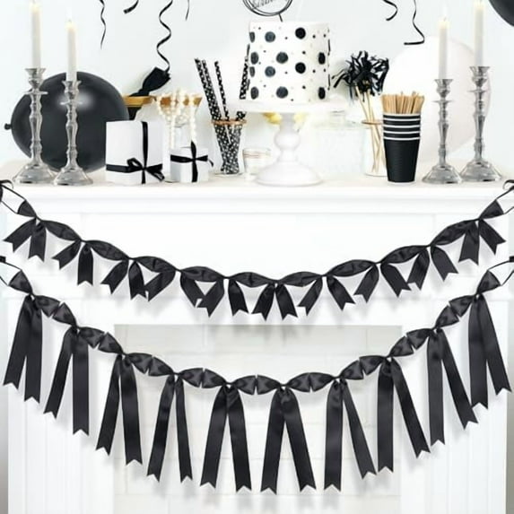 2Pcs Black Satin Ribbon Bow Banner Garland, Black Bow Party Banner ...