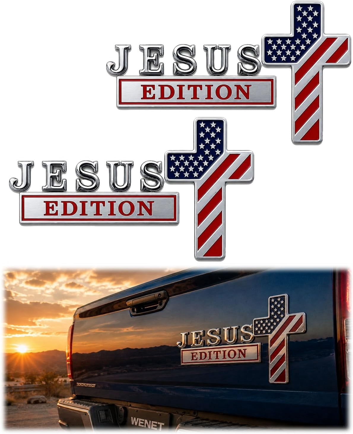 2Pcs Blessed Jesus Edition Cross Emblem Metal Badge, Chrome Christian ...