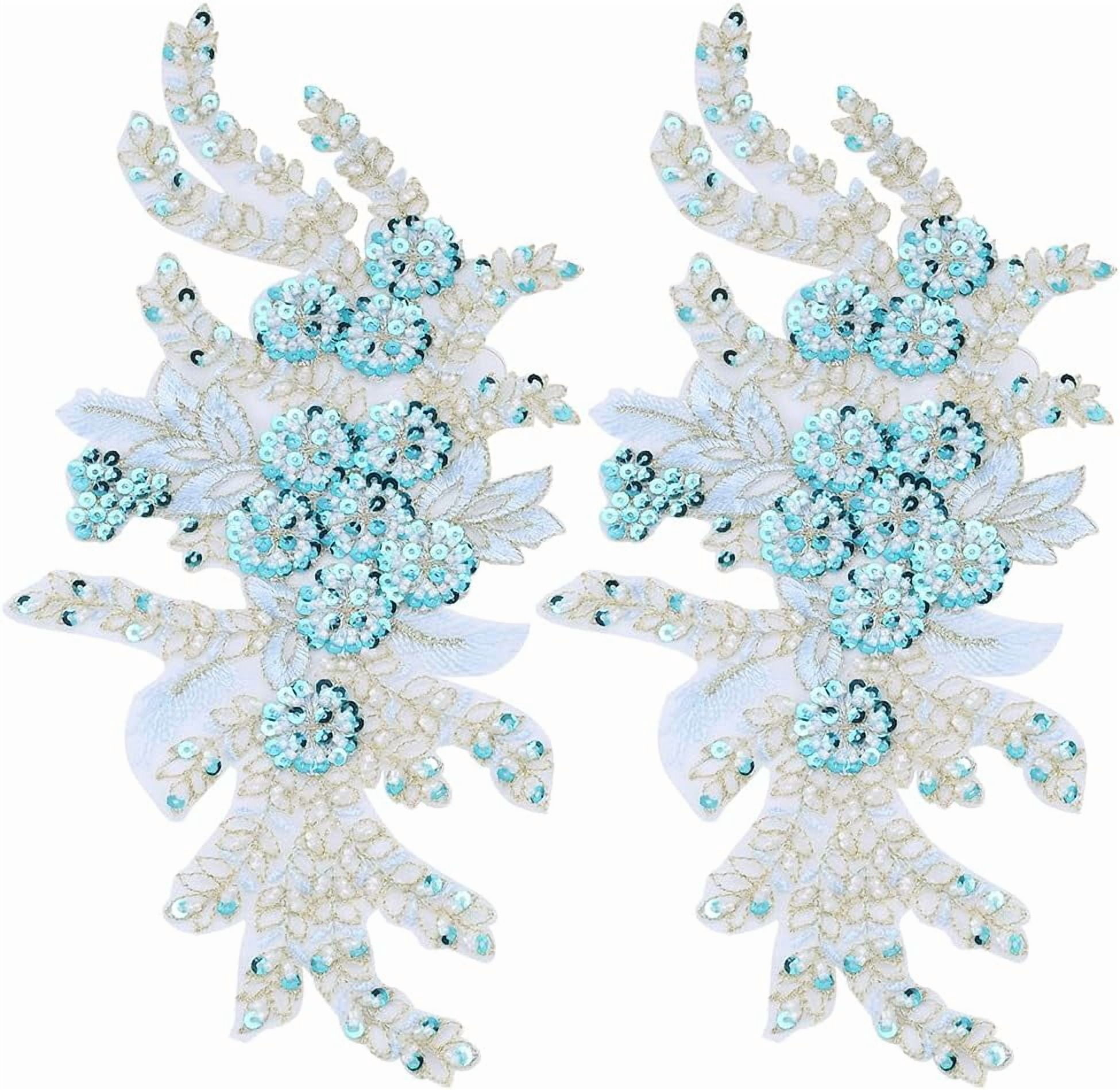 2Pcs Blue Floral Sew On Appliques with Sequins 3D Lace Flowers Applique ...